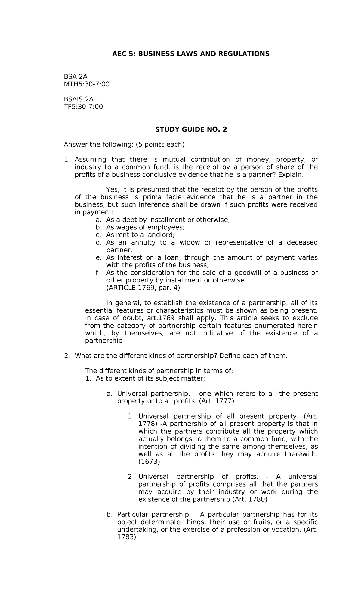 Study Guide 2 - Notes - AEC 5: BUSINESS LAWS AND REGULATIONS BSA 2A ...