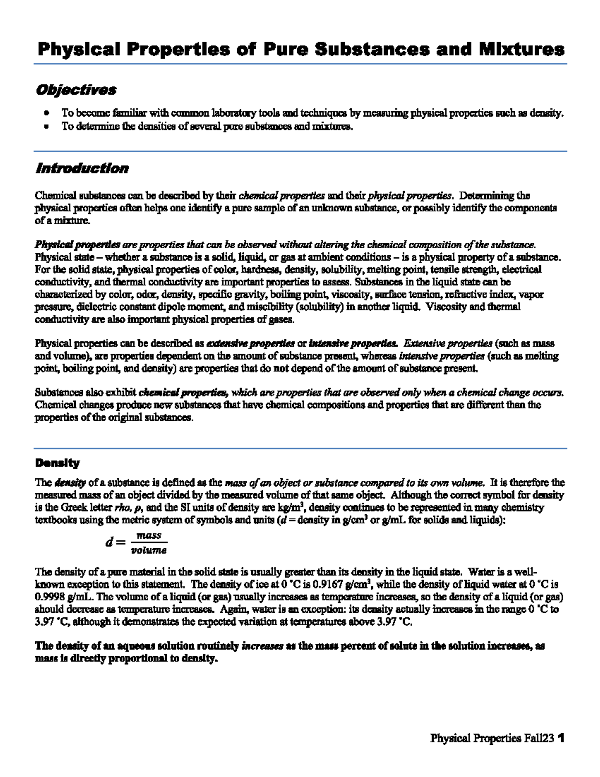 Physical Properties of Pure Substances and Mixtures - CHM 111 - Studocu
