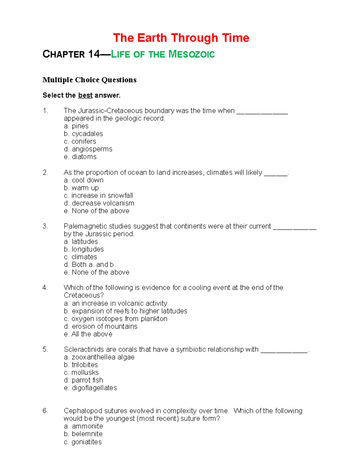Ch14 Life of the Mesozoic Test - The Earth Through Time CHAPTER 14—LIFE ...