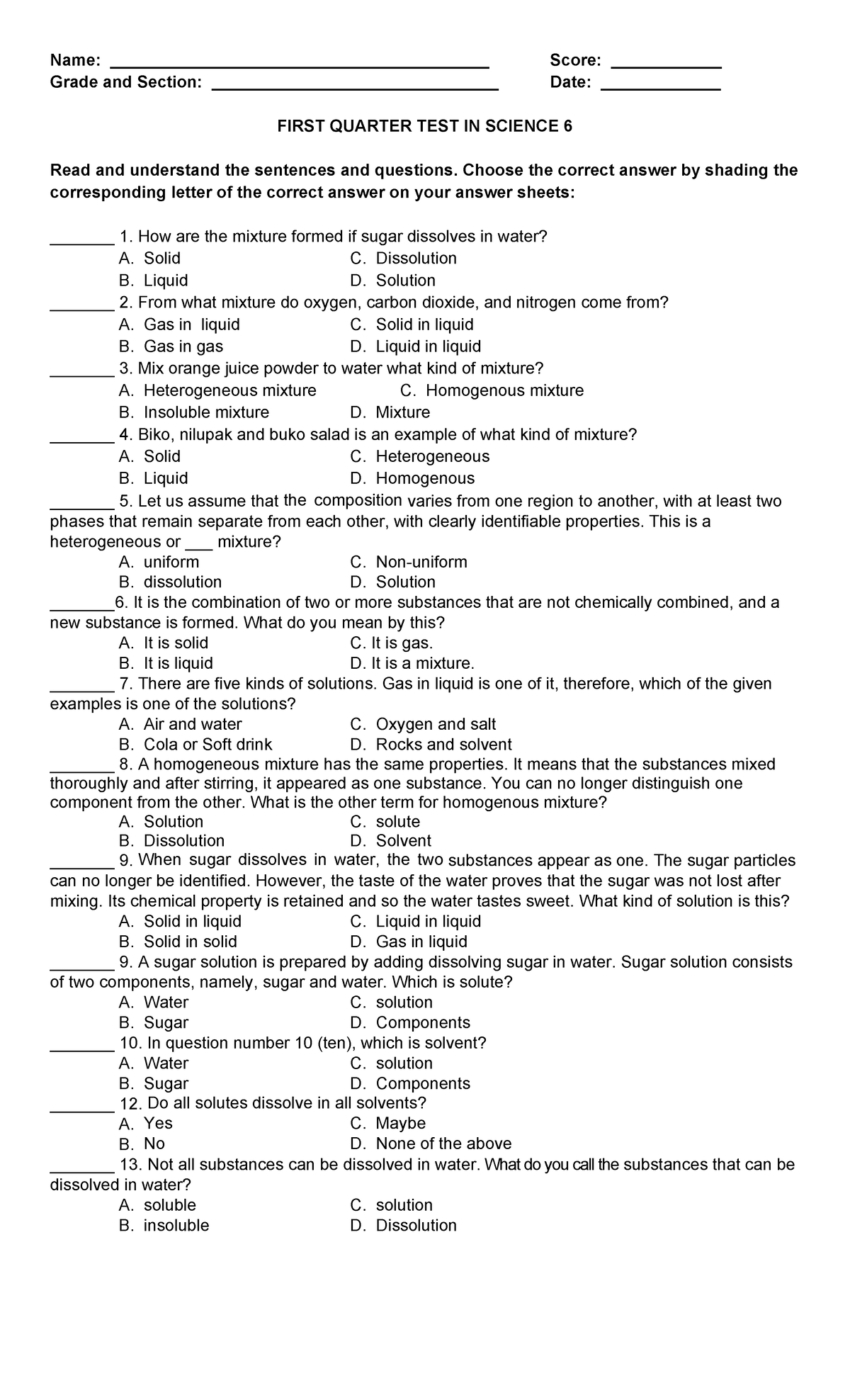 Science 6 1 Stquartertest Content - Name ...