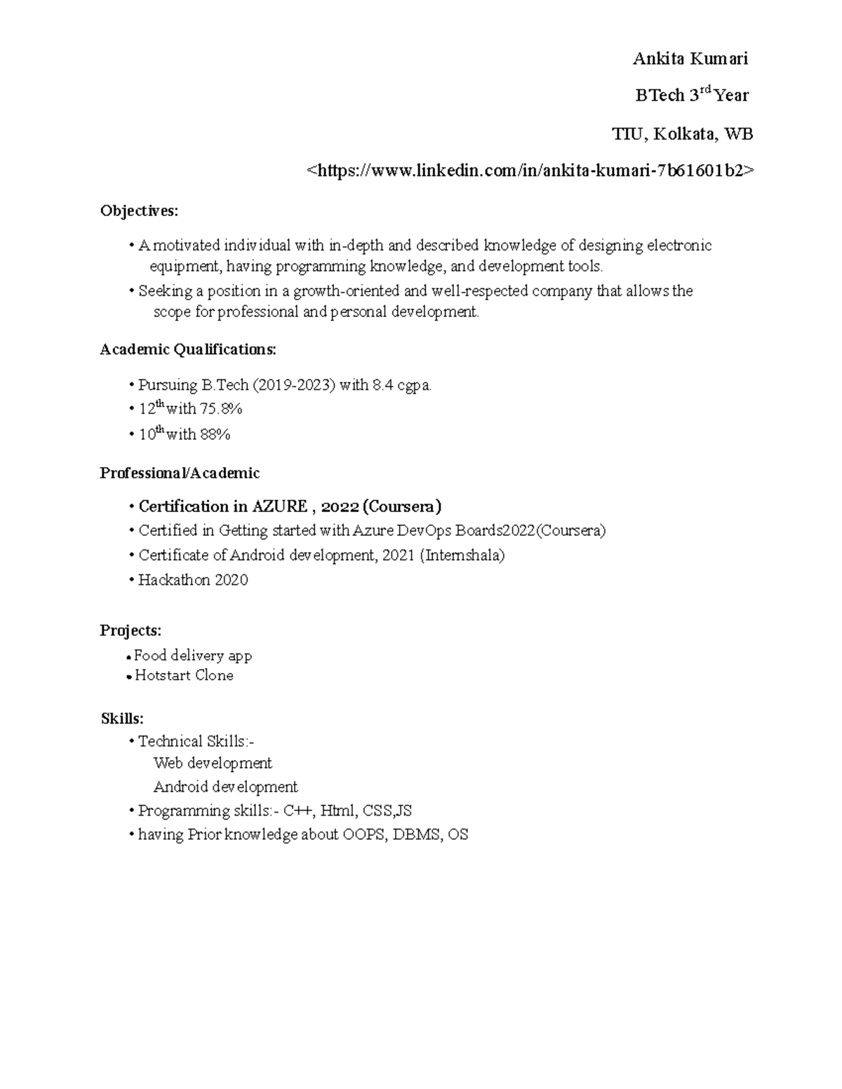 CV Ankita Kumari - Hello - Ankita Kumari BTech 3rdYear TIU, Kolkata, WB ...