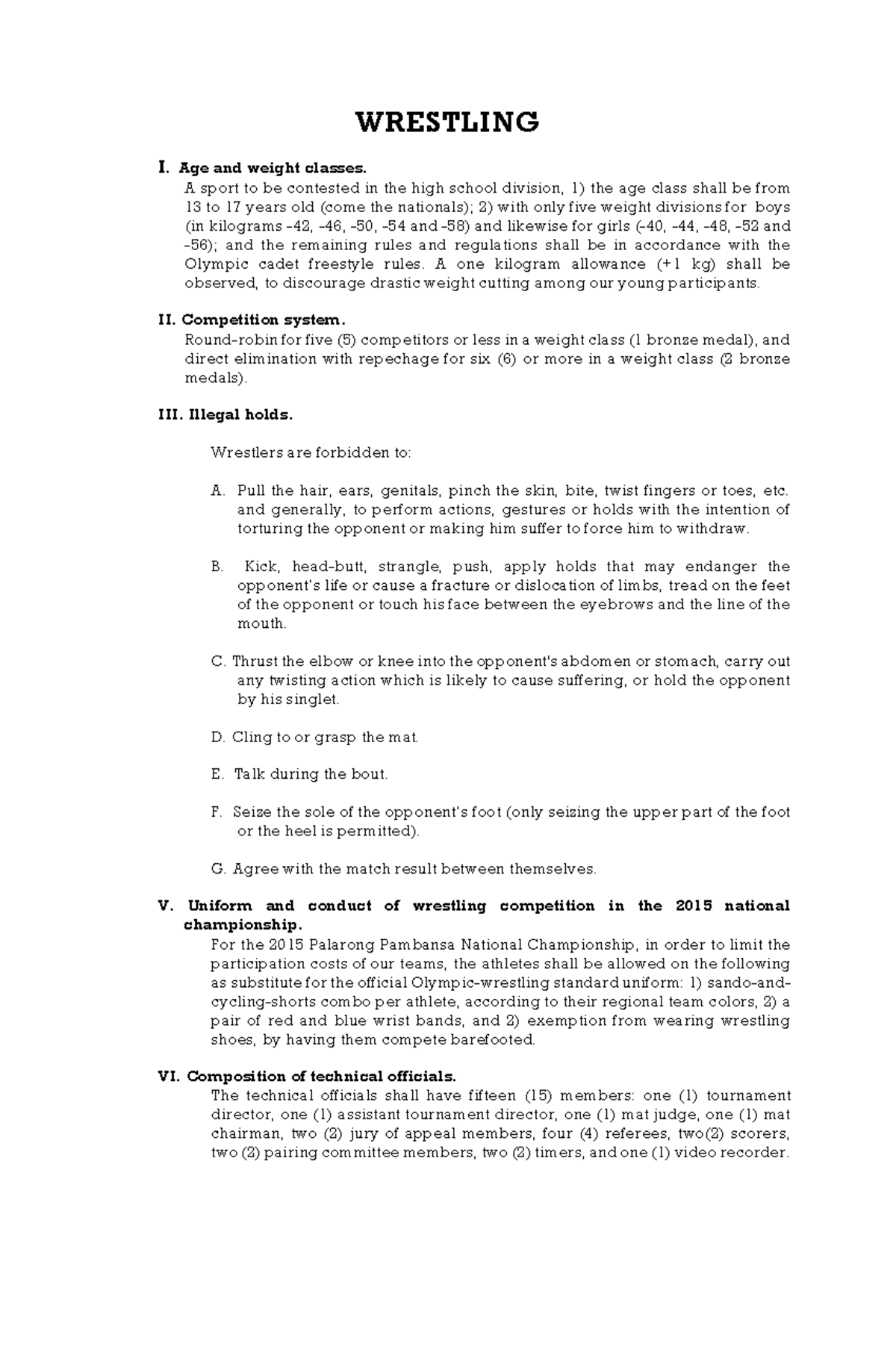 Wrestling-ground-rules - WRESTLING I. Age and weight classes. A sport ...