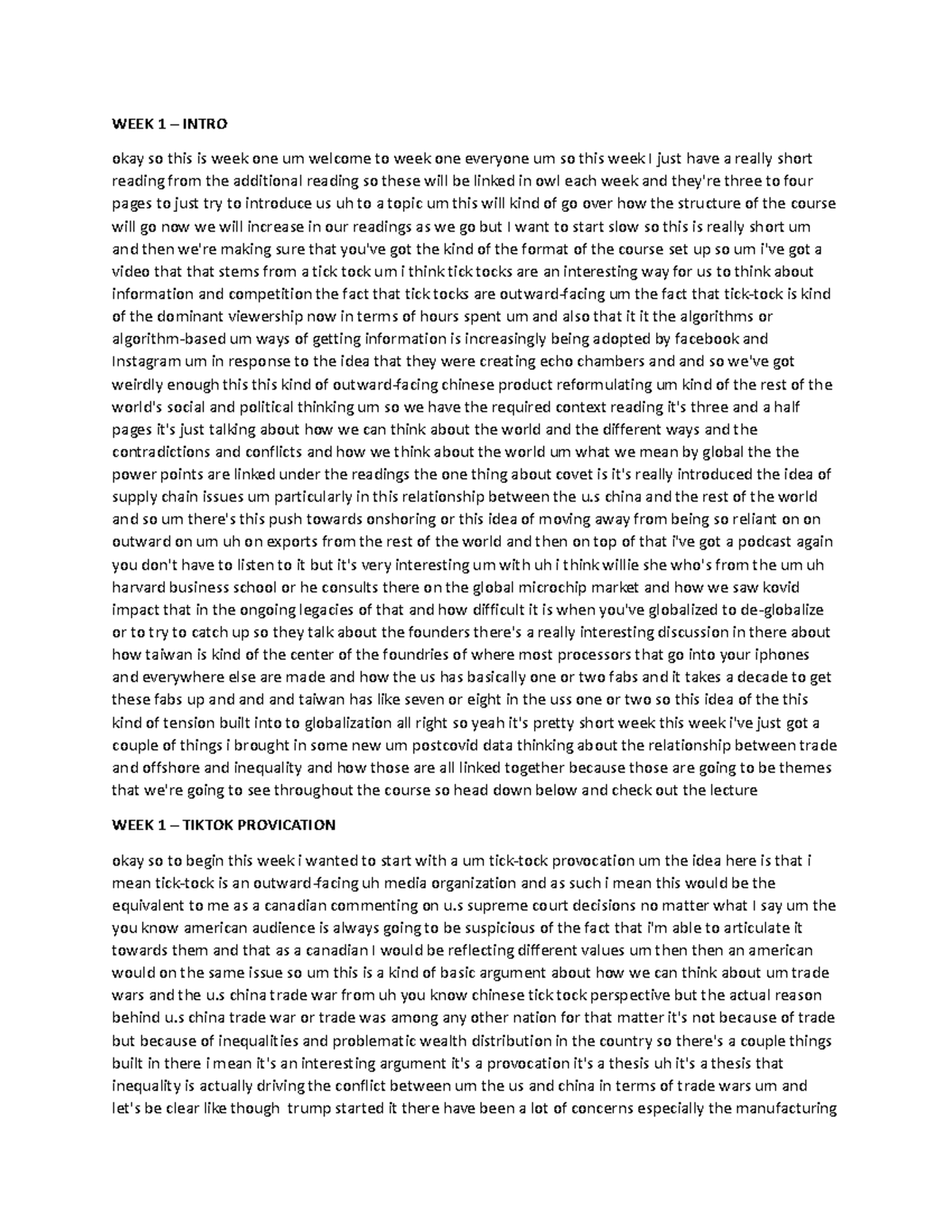 Lecture 1 Transcripts - WEEK 1 – INTRO okay so this is week one um ...