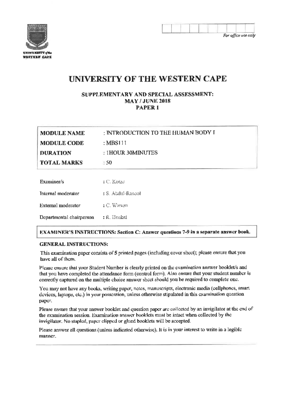 MBS111 2018 06 SU SP - RECENT 2018 PAST EXAM PAPER - .' | Ll l l For oﬂ ...