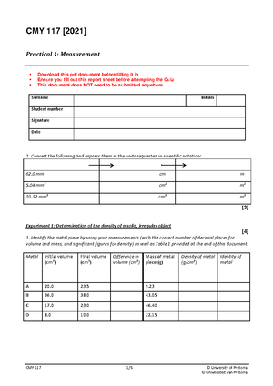 CMY 117 Practical 4 Report Sheet Gases and The Ideal Gas Law - CMY 117 ...