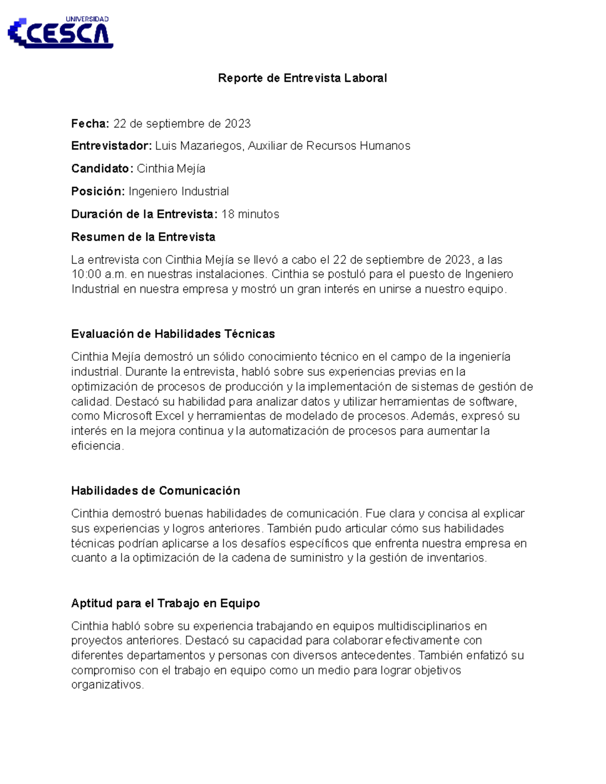 Reporte de Entrevista Laboral - Reporte de Entrevista Laboral Fecha: 22 ...