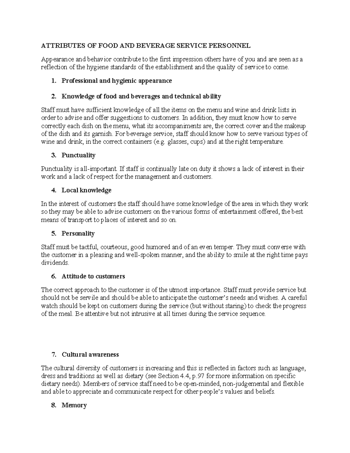 Attributes of service personell - ATTRIBUTES OF FOOD AND BEVERAGE ...
