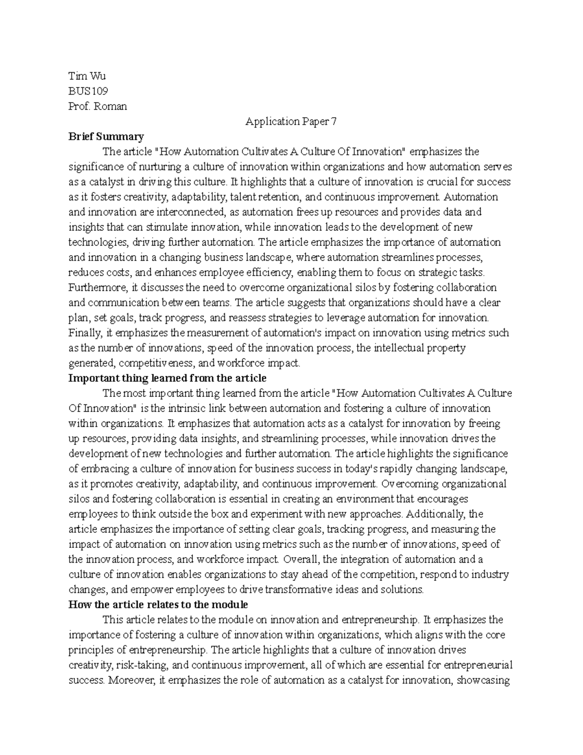 Application Paper 7 - Tim Wu BUS Prof. Roman Application Paper 7 Brief ...