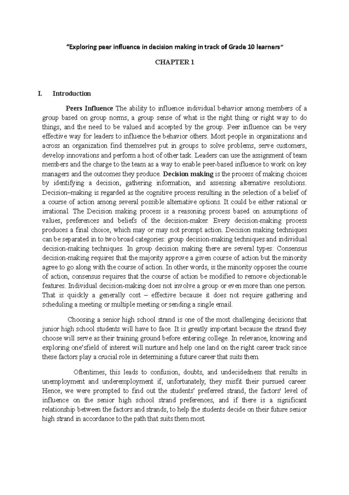 Elie research - “Exploring peer influence in decision making in track ...