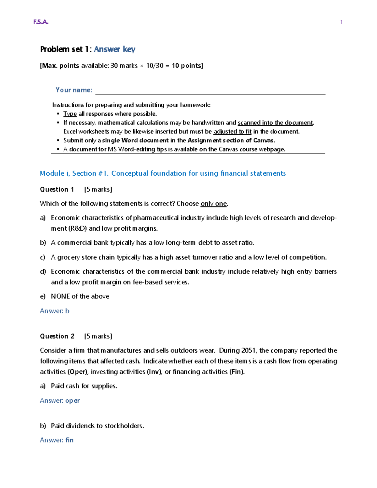 Fsa-PS-key-1 - Problem Set Key 1 - Problem set 1 : Answer key [Max. points available: 30 marks × ...