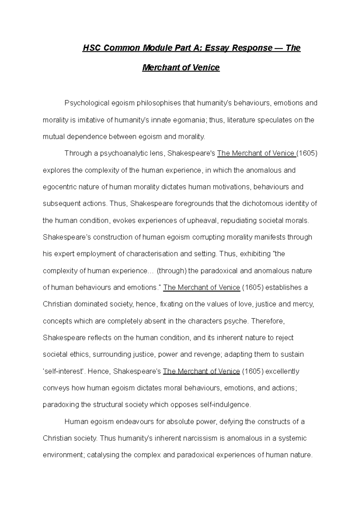 HSC Common Module Assessment Task 1 The Merchant of Venice Analysis ...