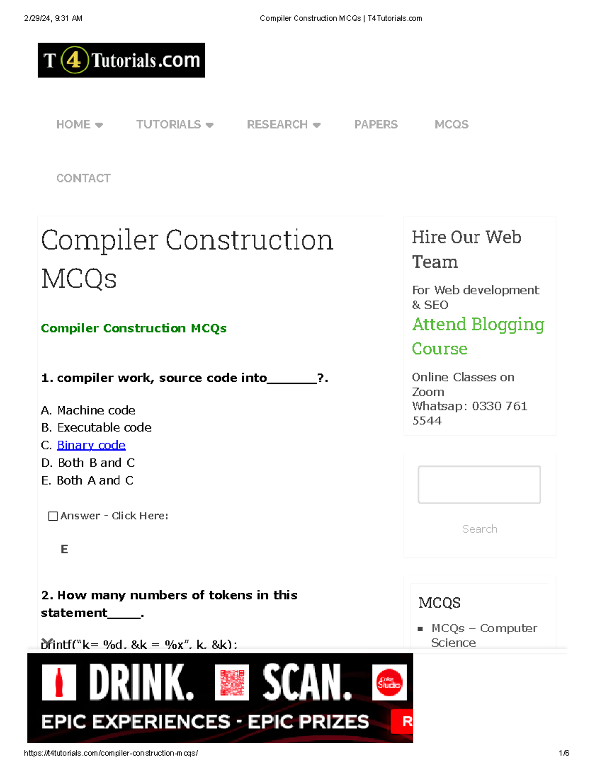 Compiler Construction MCQs T4Tutorials - Compiler Construction MCQs Compiler Construction MCQs 1 ...