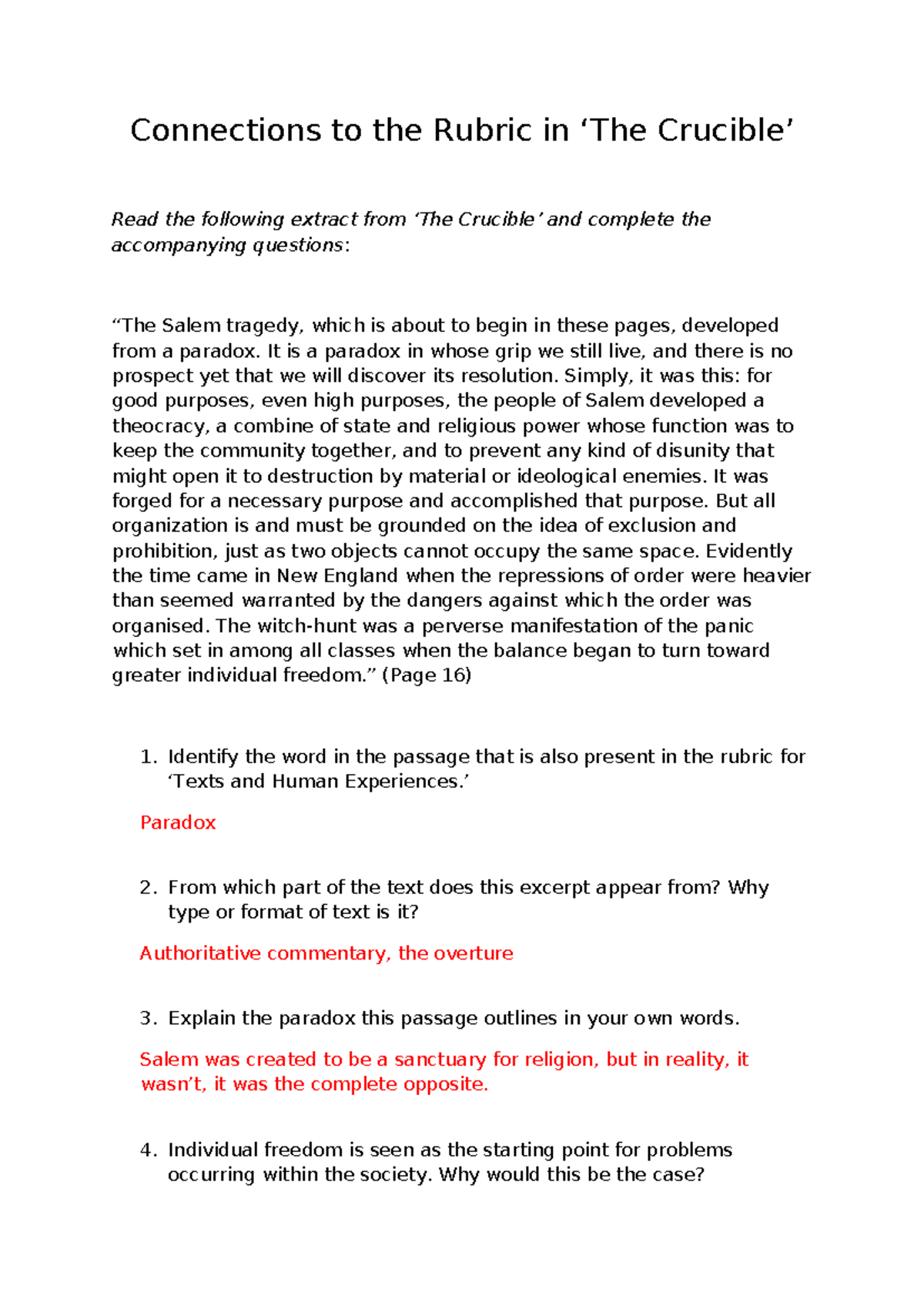 Connections to the Rubric in The Crucible - Connections to the Rubric ...