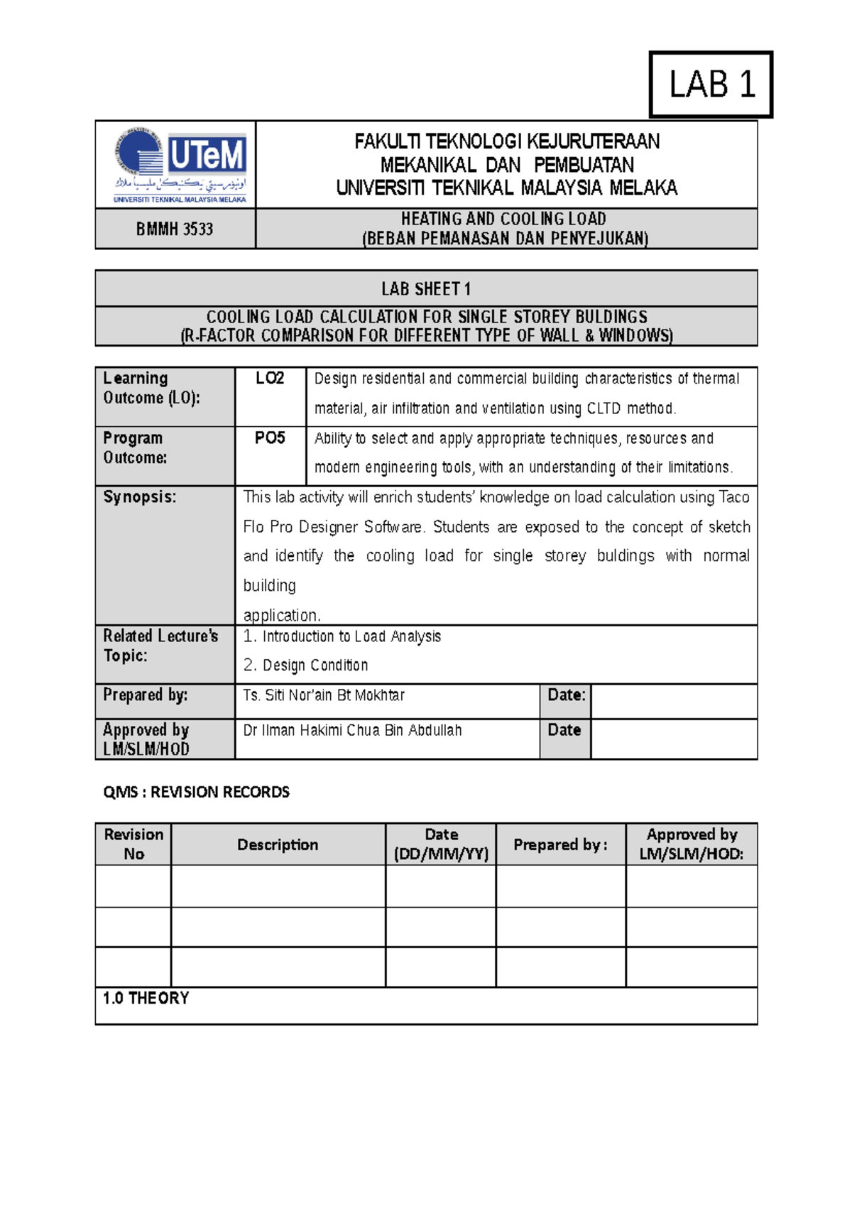 Lab 1 Cooling Load for Single Storey Building v1 - LAB 1 FAKULTI TEKNOLOGI KEJURUTERAAN ...
