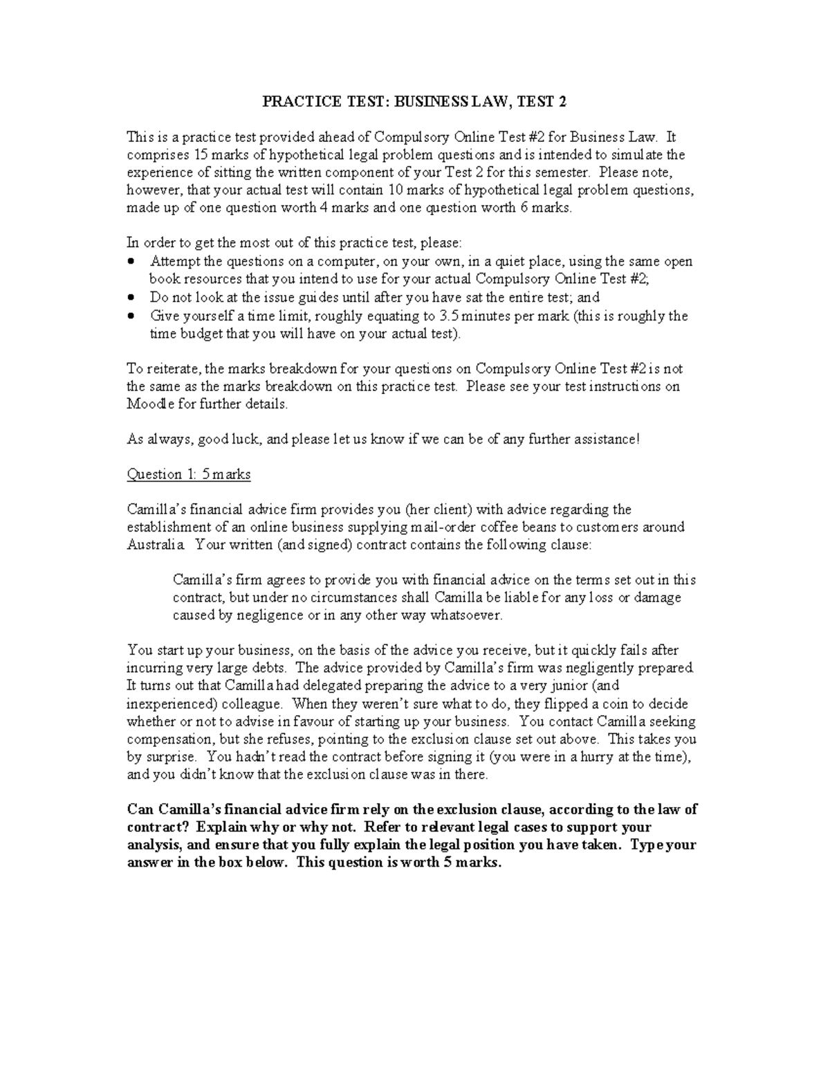 Test 2 - practice test - problem questions - PRACTICE TEST: BUSINESS ...