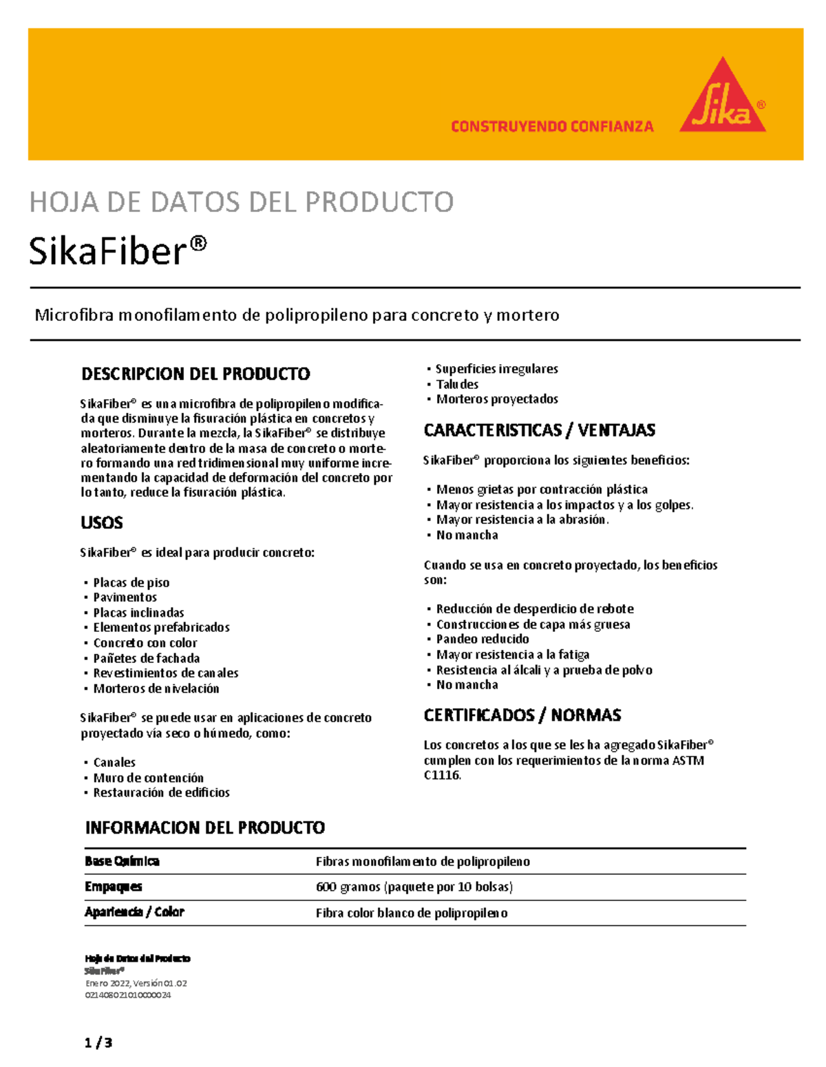 Sikafiber - Guía - Hoja de Datos del Producto SikaFiber® Enero 2022 ...
