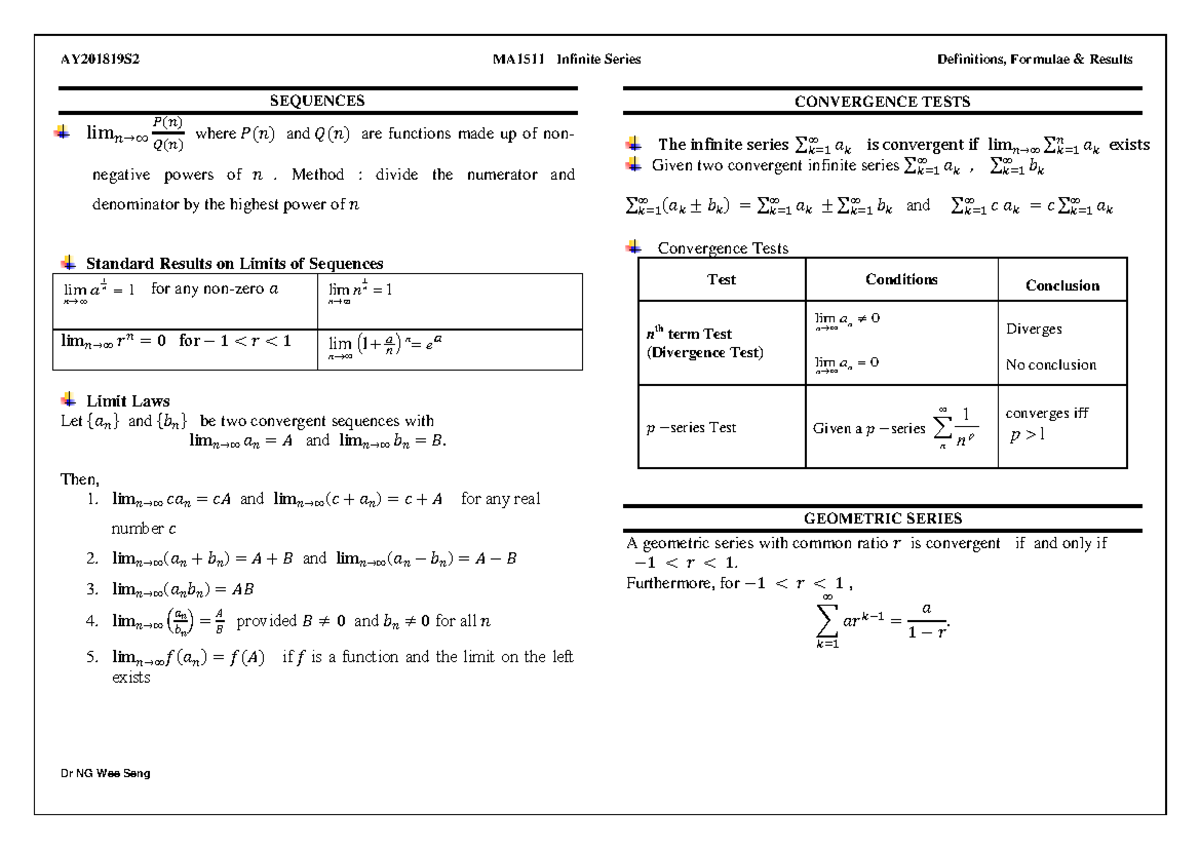 MA1511-Chapter 5 (Infinite Series) Summary - AY201819S2 MA1511 Infinite Series Definitions ...