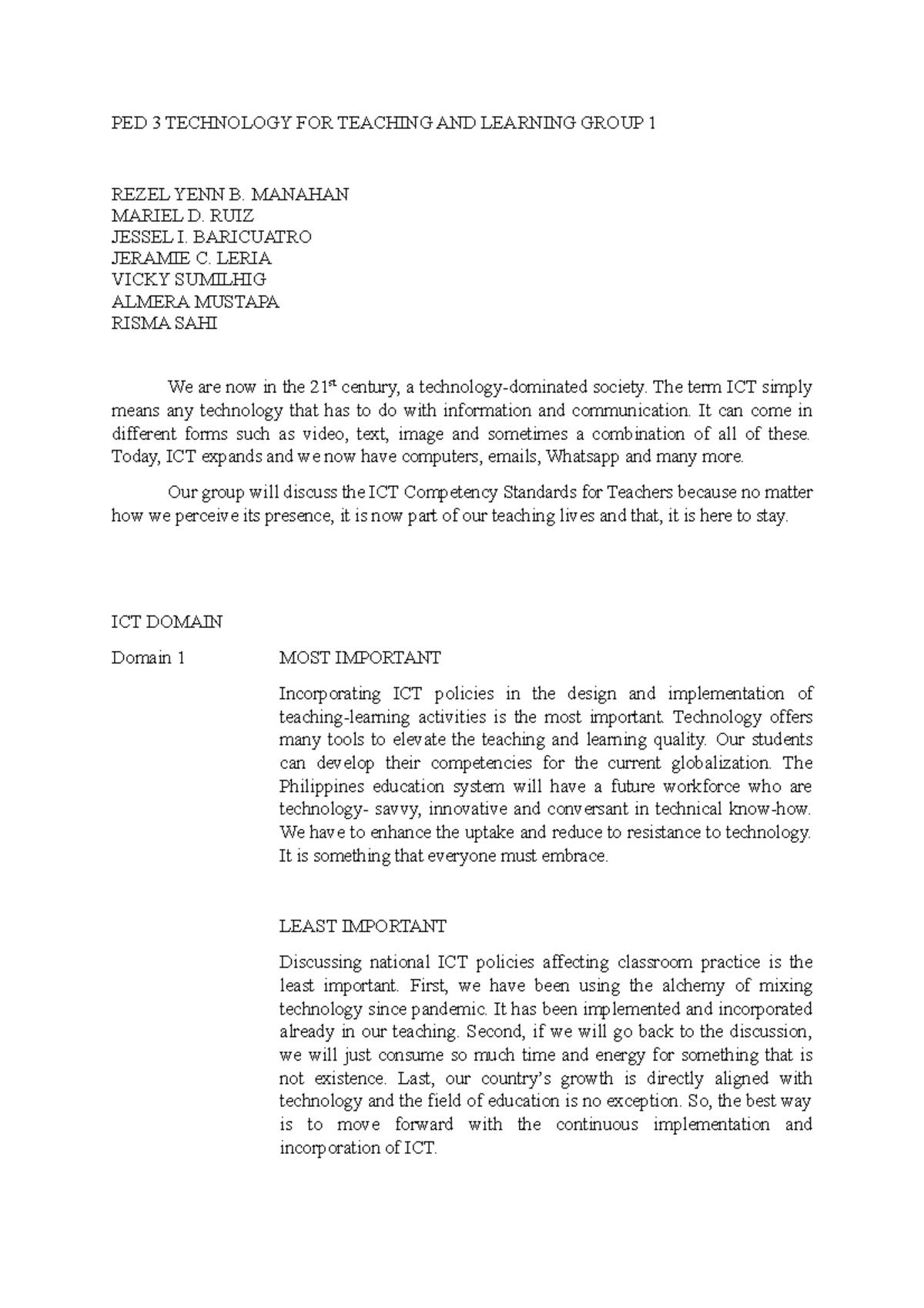 PED 3 Technology FOR Teaching AND Learning - PED 3 TECHNOLOGY FOR TEACHING AND LEARNING GROUP 1 ...