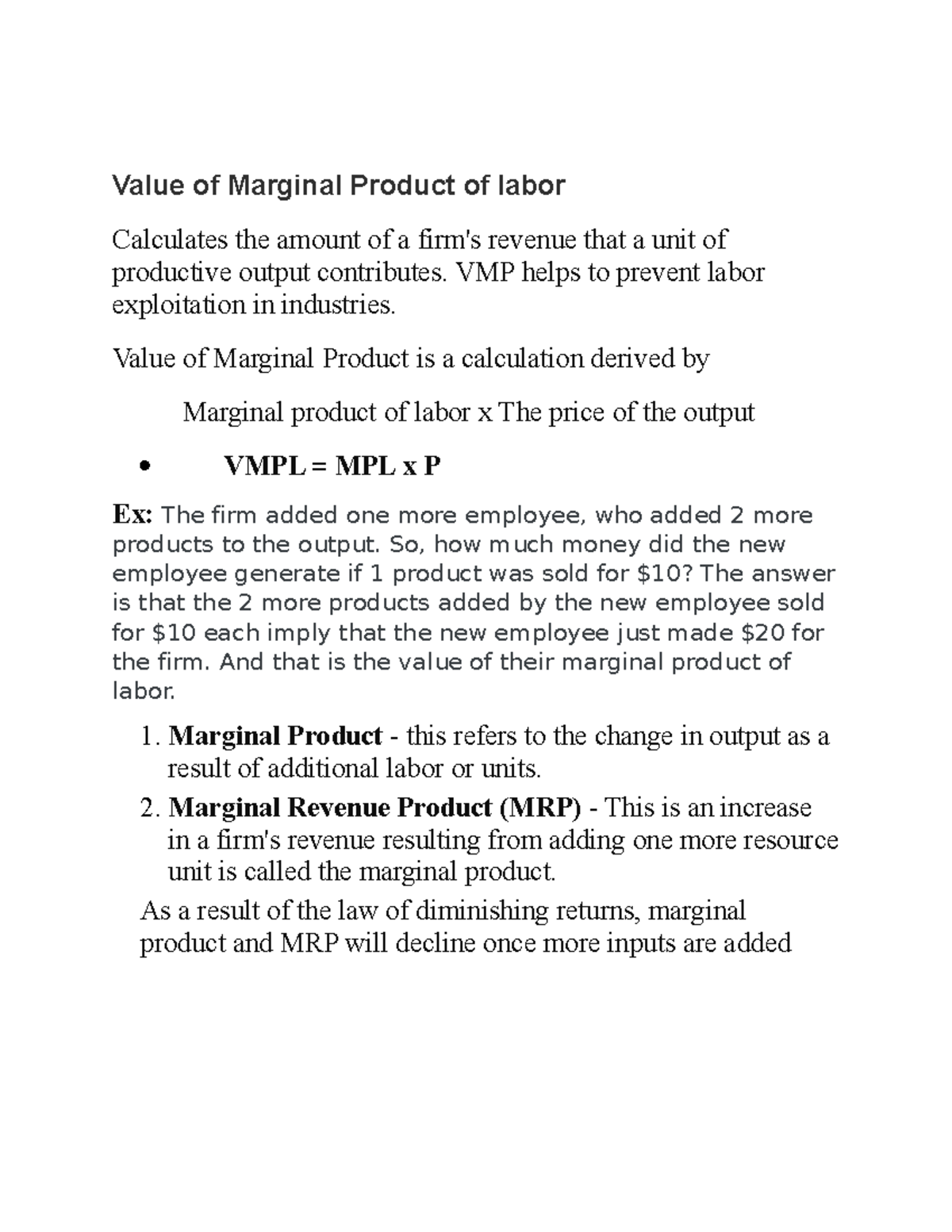 Value of Marginal Product of labor - Value of Marginal Product of labor ...