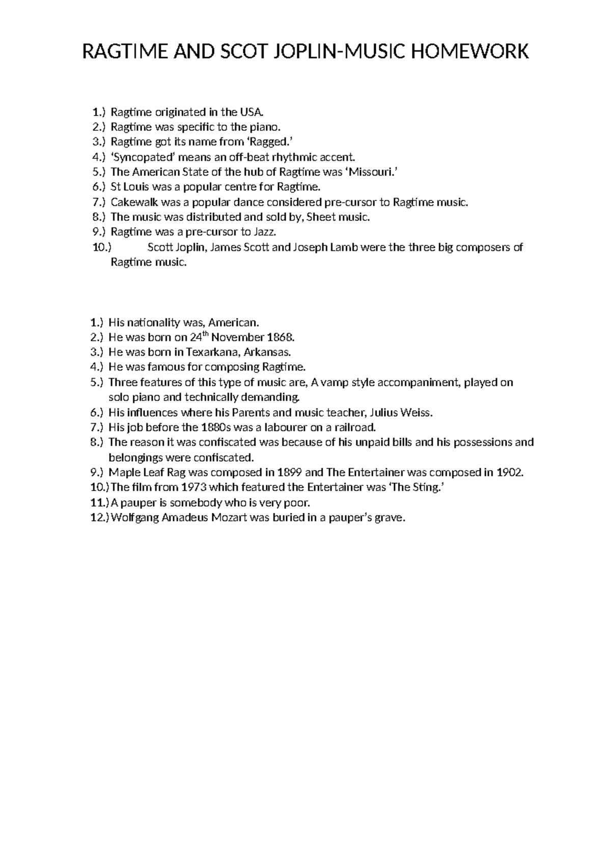 Music- Homework Ragtime - RAGTIME AND SCOT JOPLIN-MUSIC HOMEWORK 1 ...