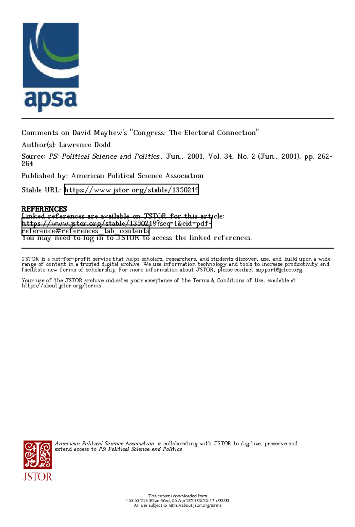 Comments David Mayhews-2001 - Comments on David Mayhew's "Congress: The ...