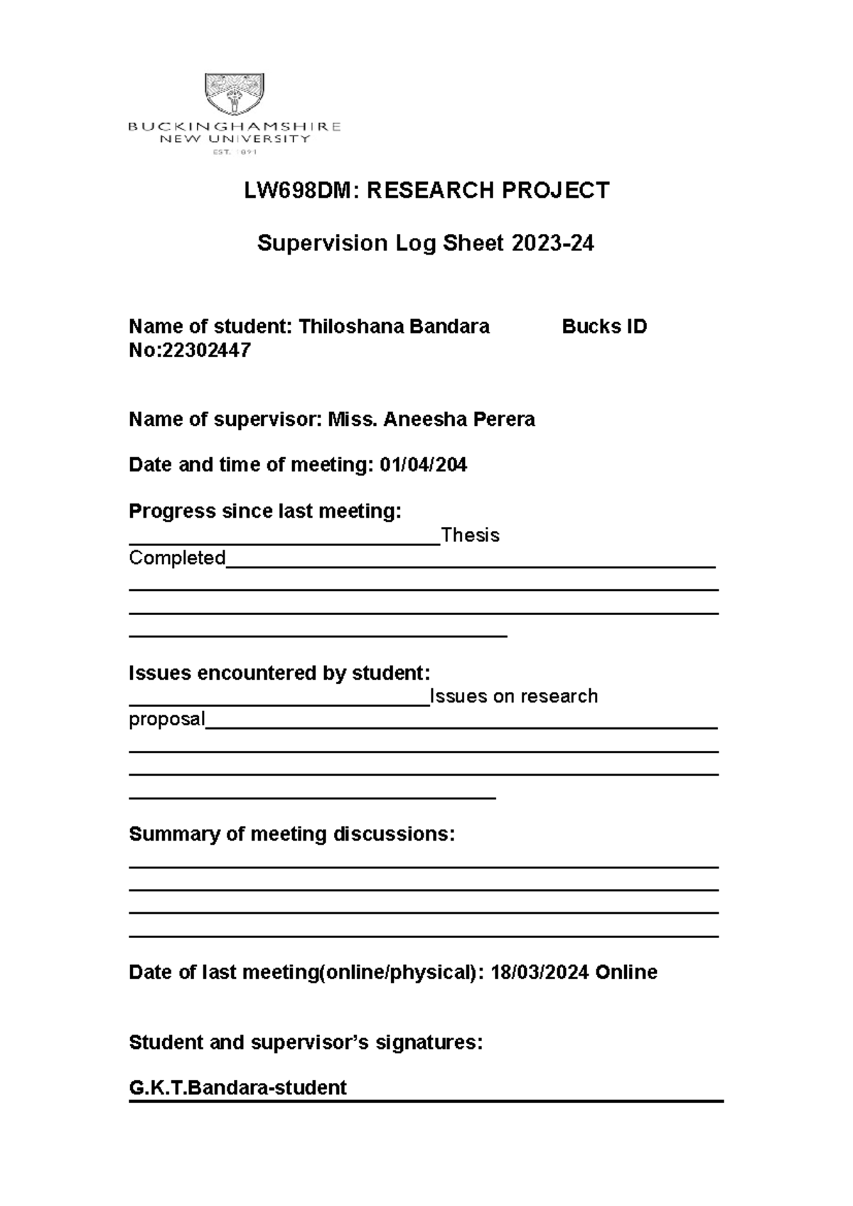 Research supervision LOG Sheet - LW698DM: RESEARCH PROJECT Supervision ...
