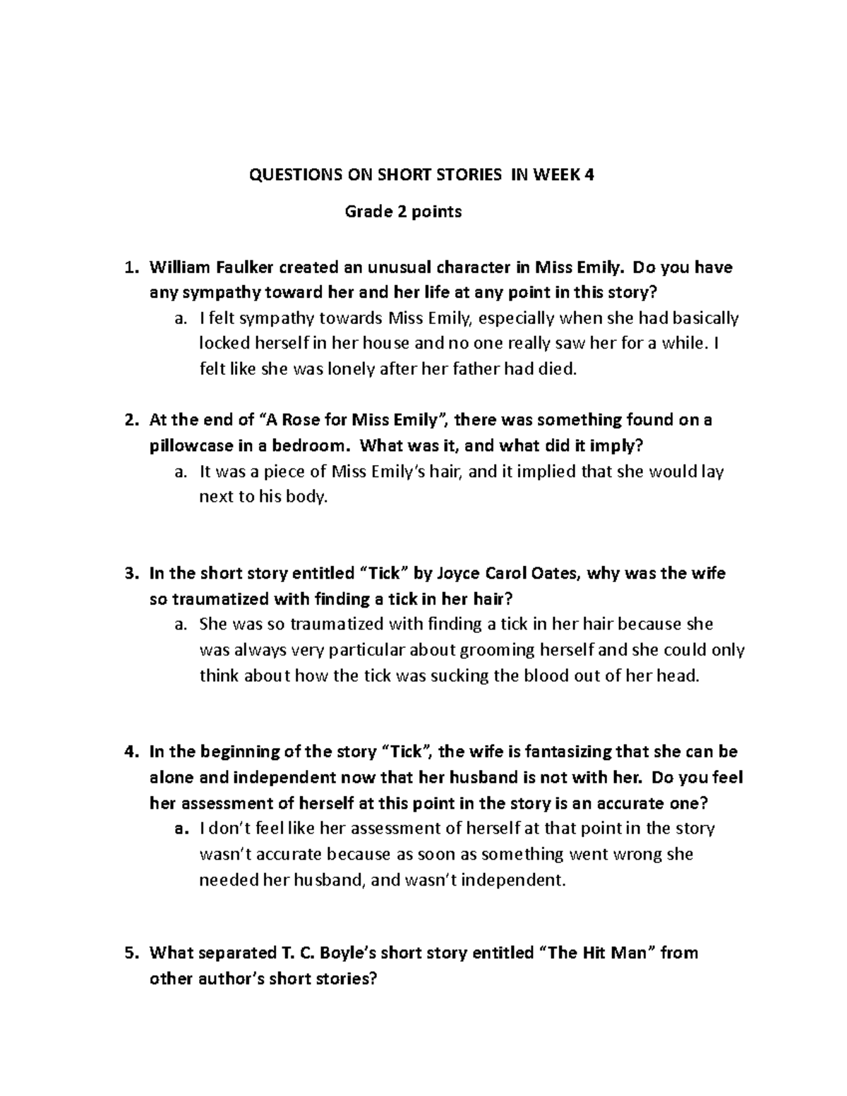 Questions on the three short stories in Week 4 - QUESTIONS ON SHORT ...