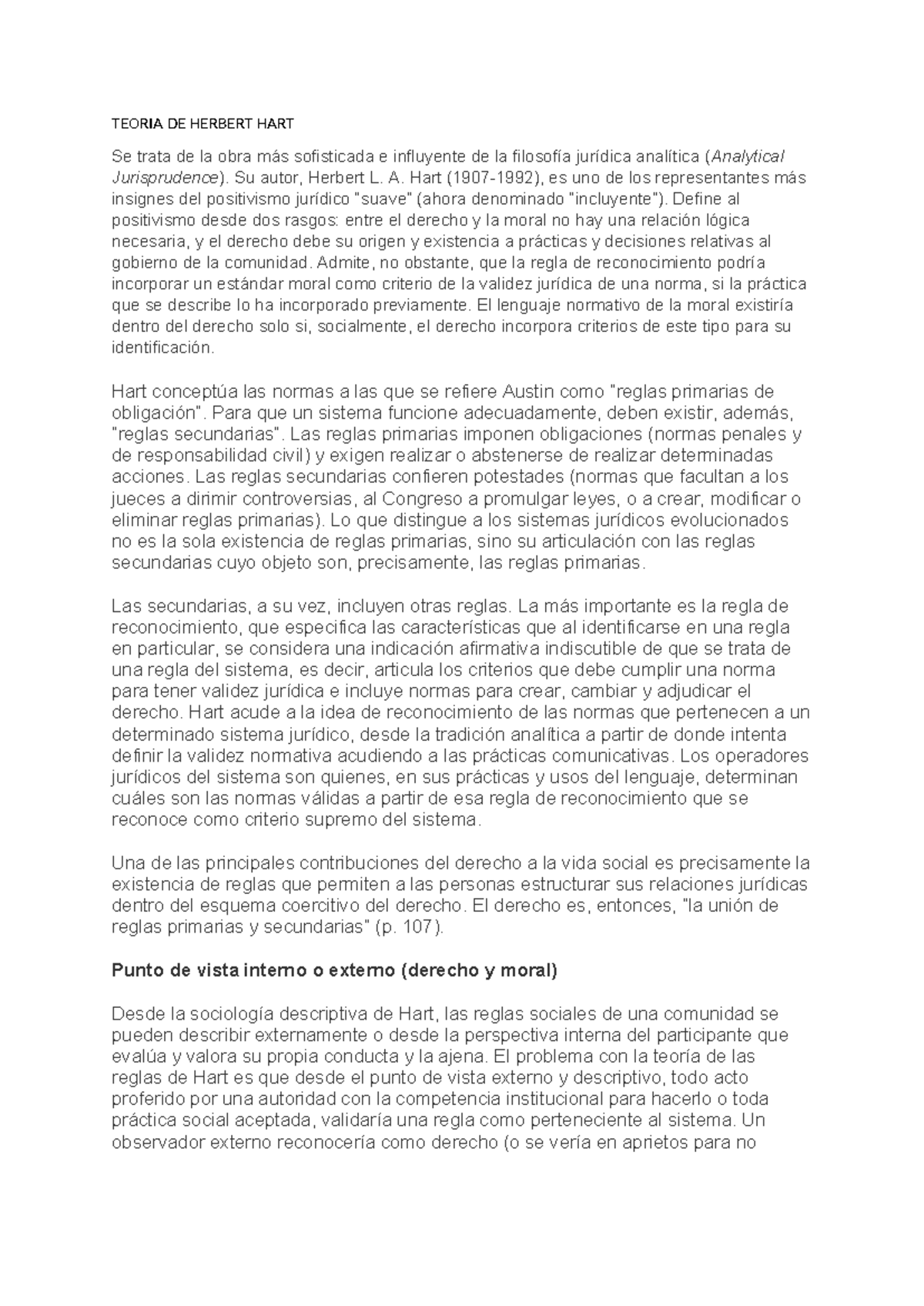 Teoria DE Herbert HART - TRABAJO - TEORIA DE HERBERT HART Se trata de ...