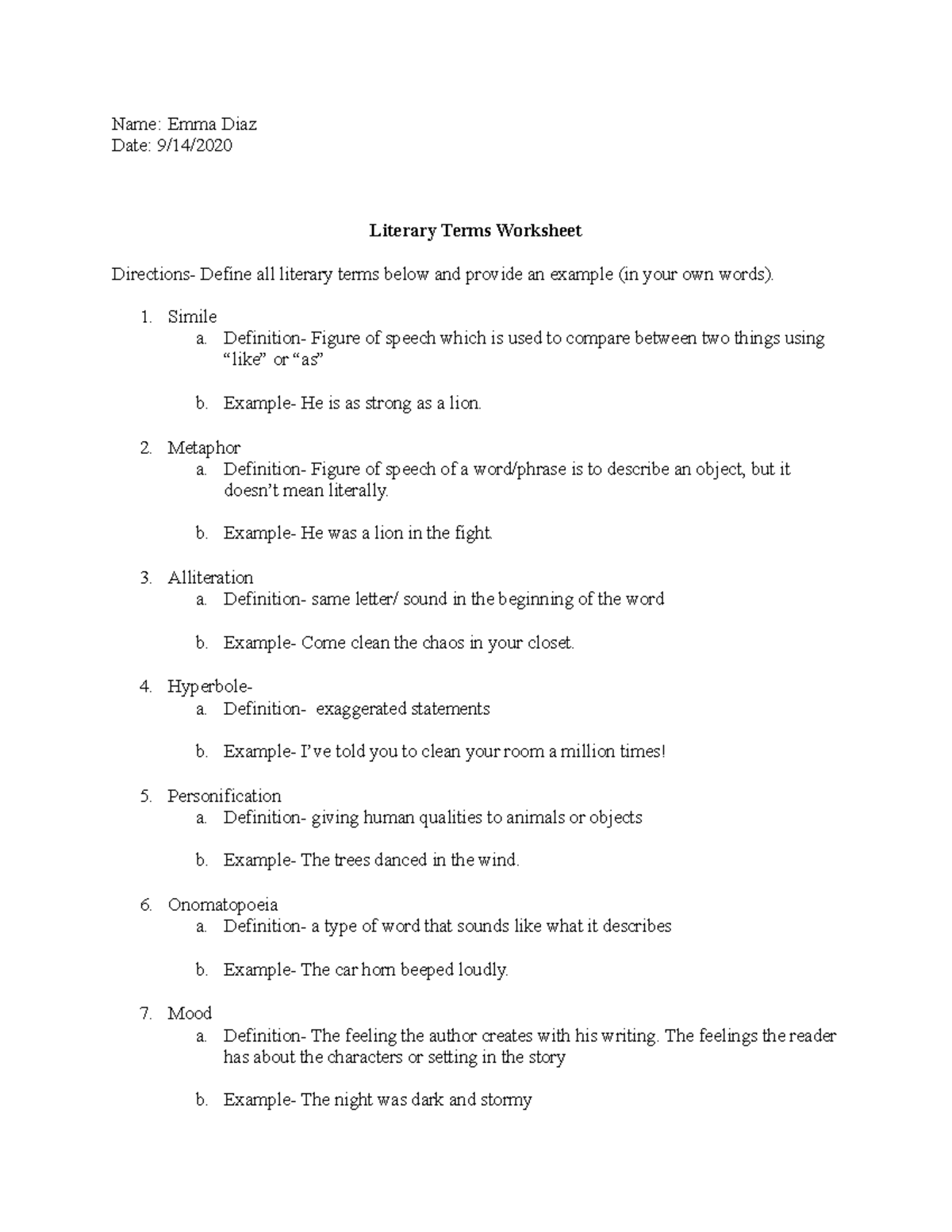 Literary terms worksheet - Name: Emma Diaz Date: 9/14/ Literary Terms ...