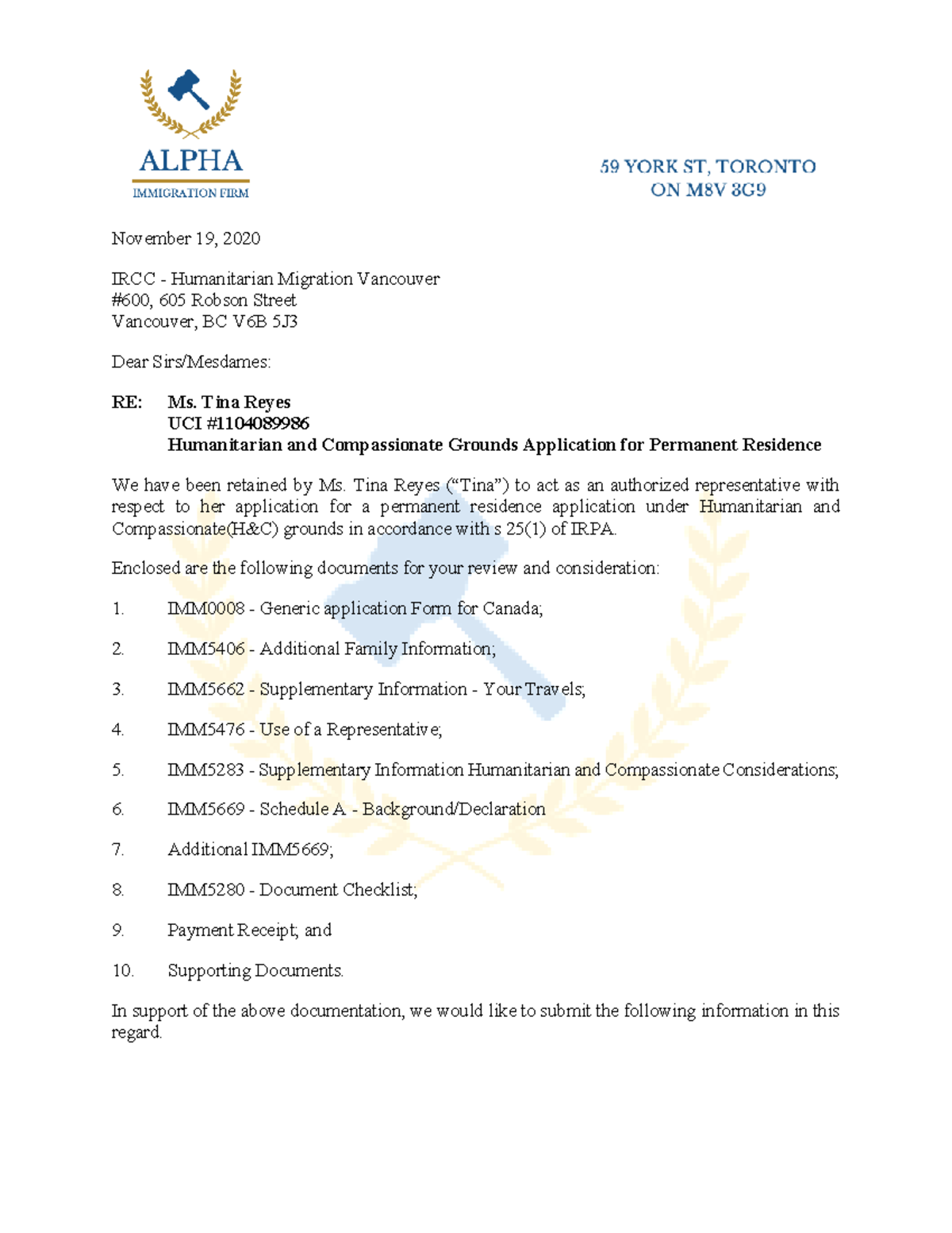Submission Letter for Tina Reyes-2 - November 19, 2020 IRCC ...