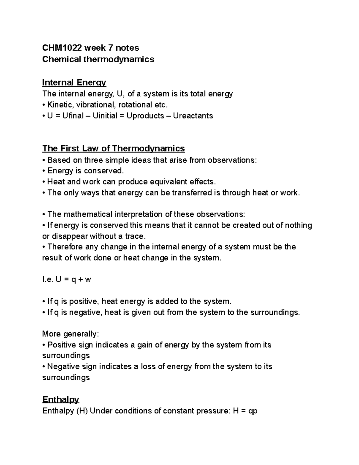 CHM1011 week 7 notes - CHM1022 week 7 notes Chemical thermodynamics ...