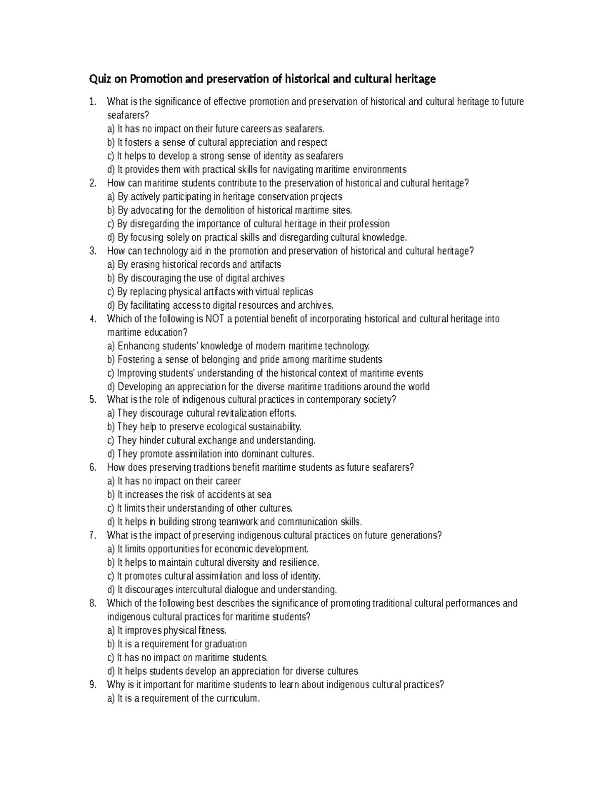 Quiz on Promotion and preservation of historical and cultural heritage ...