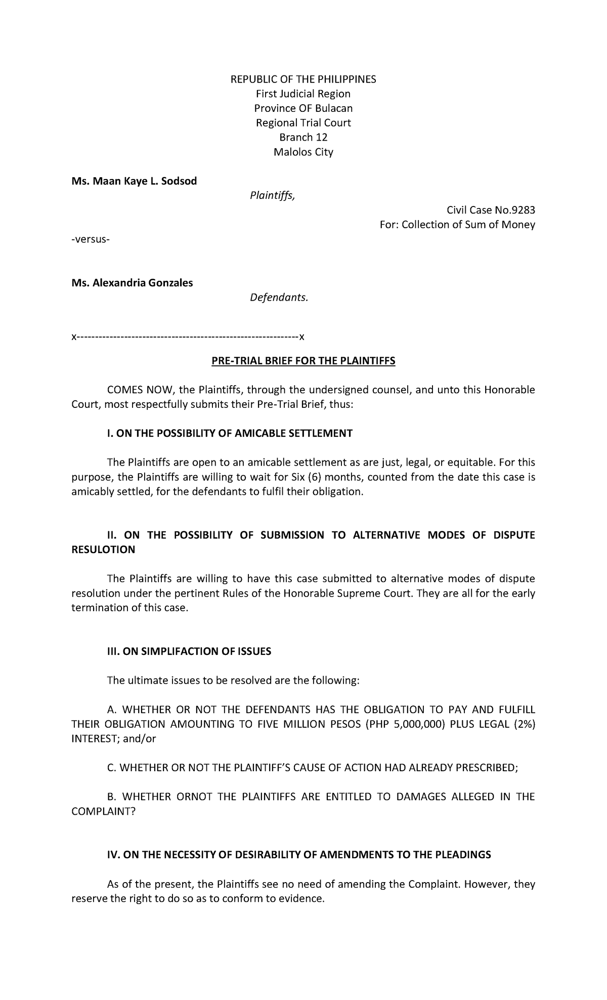 Pre-trial-Brief - sample format for a pre-trial brief for a case of ...