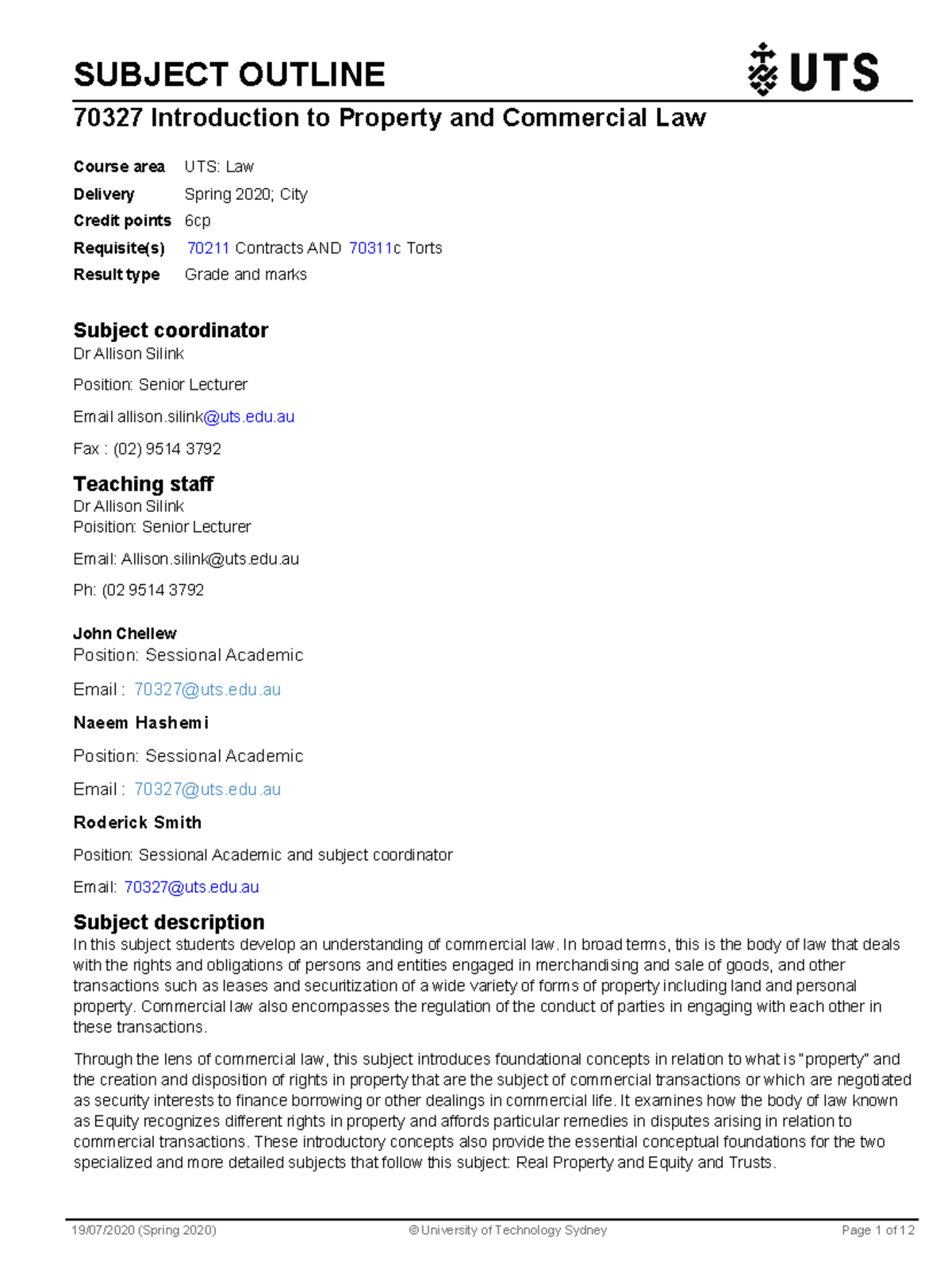 Intro TO Property AND Commercial LAW - Subject Outline - SUBJECT ...