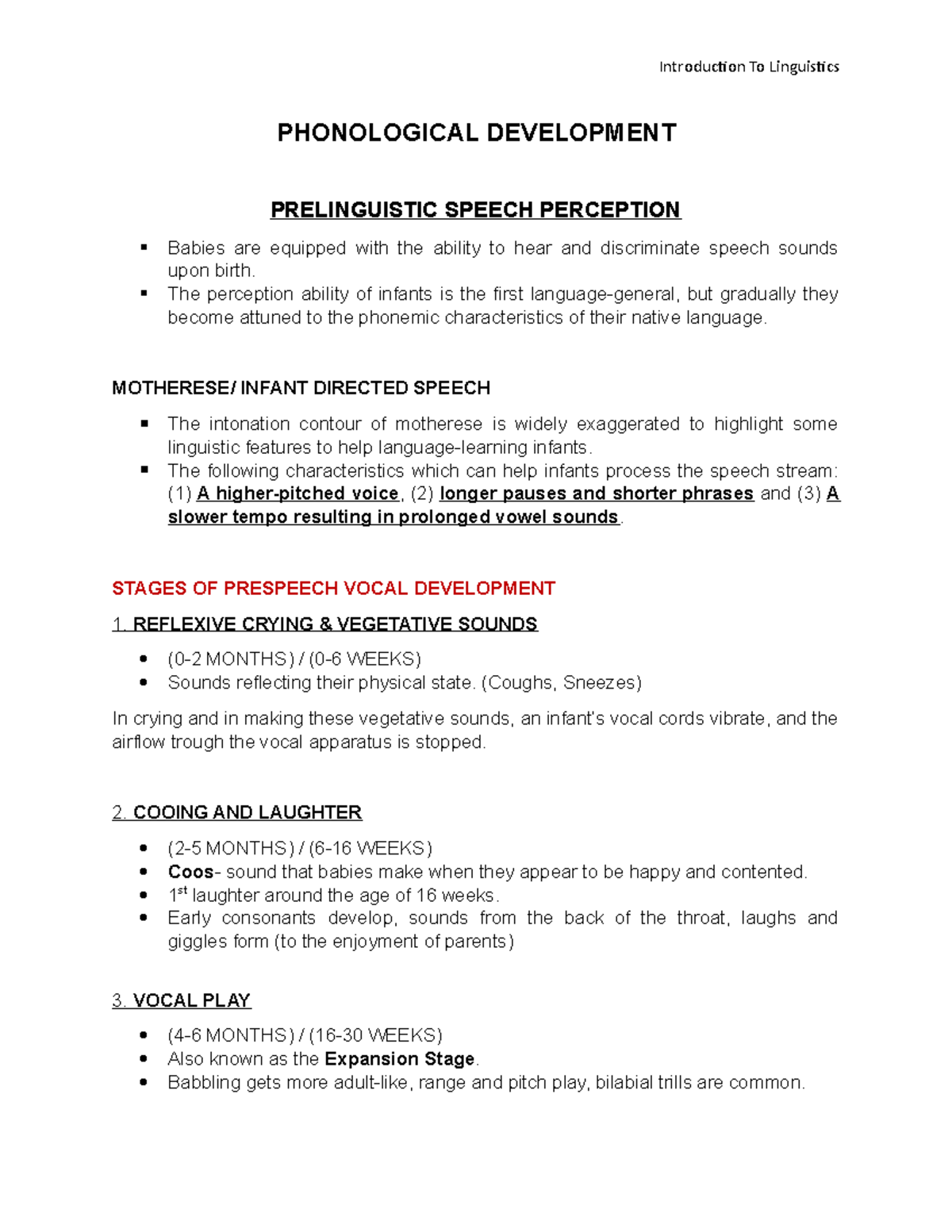 Phonological Development Pre-linguistic Speech Perception - Introduction To Linguistics ...