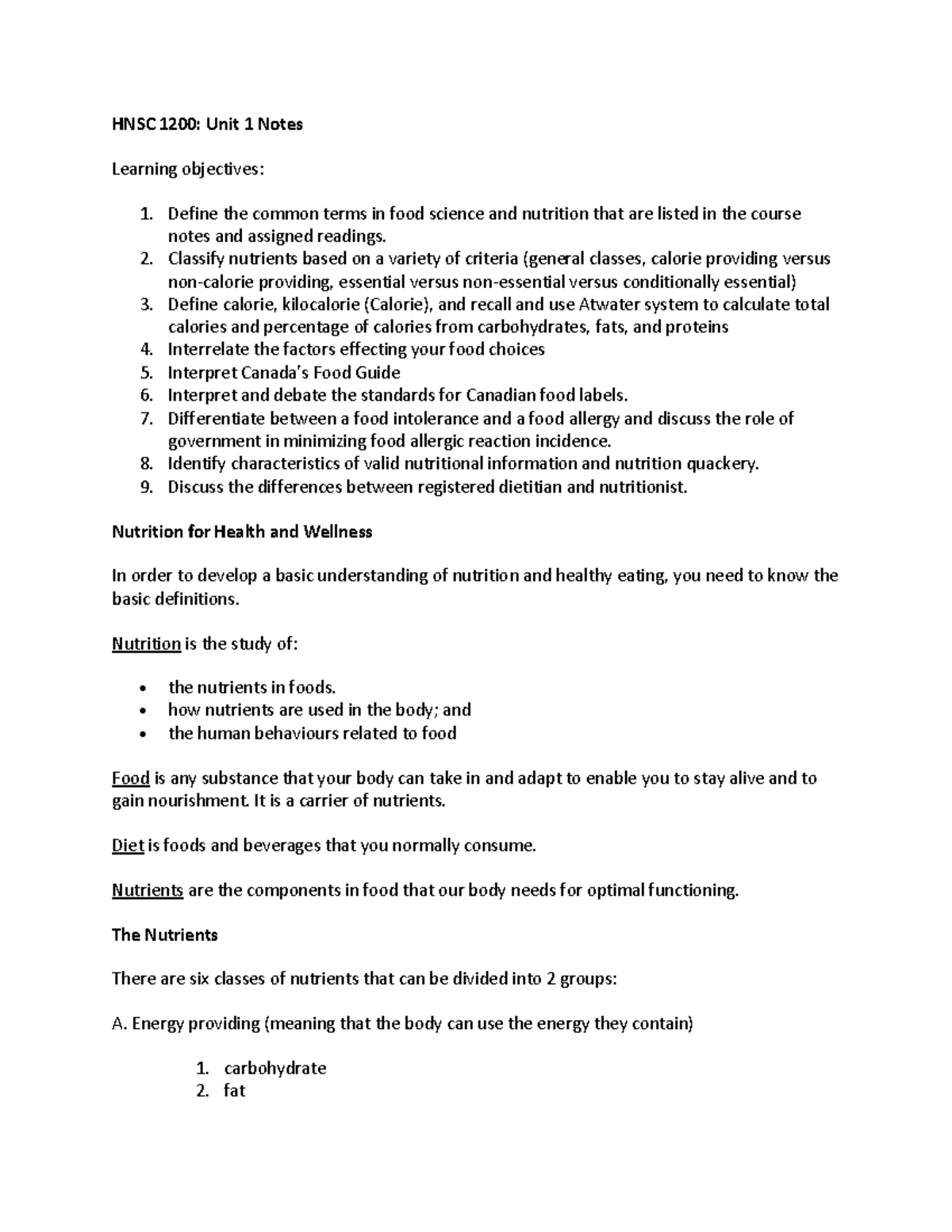 HNSC 1200 - Unit 1 Notes - HNSC 1200: Unit 1 Notes Learning objectives ...