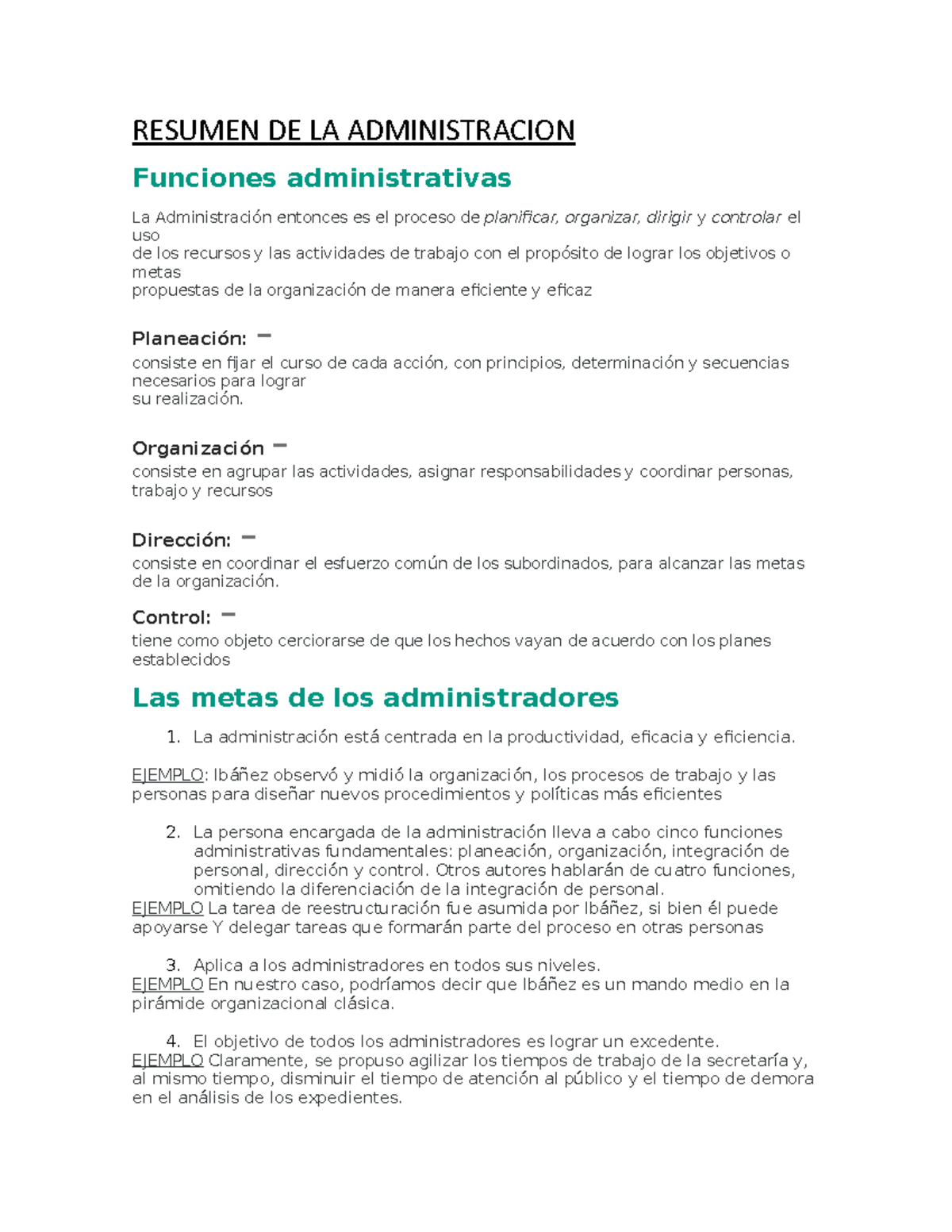 01ADMI - RESUMEN DE LA ADMINISTRACION Funciones administrativas La ...