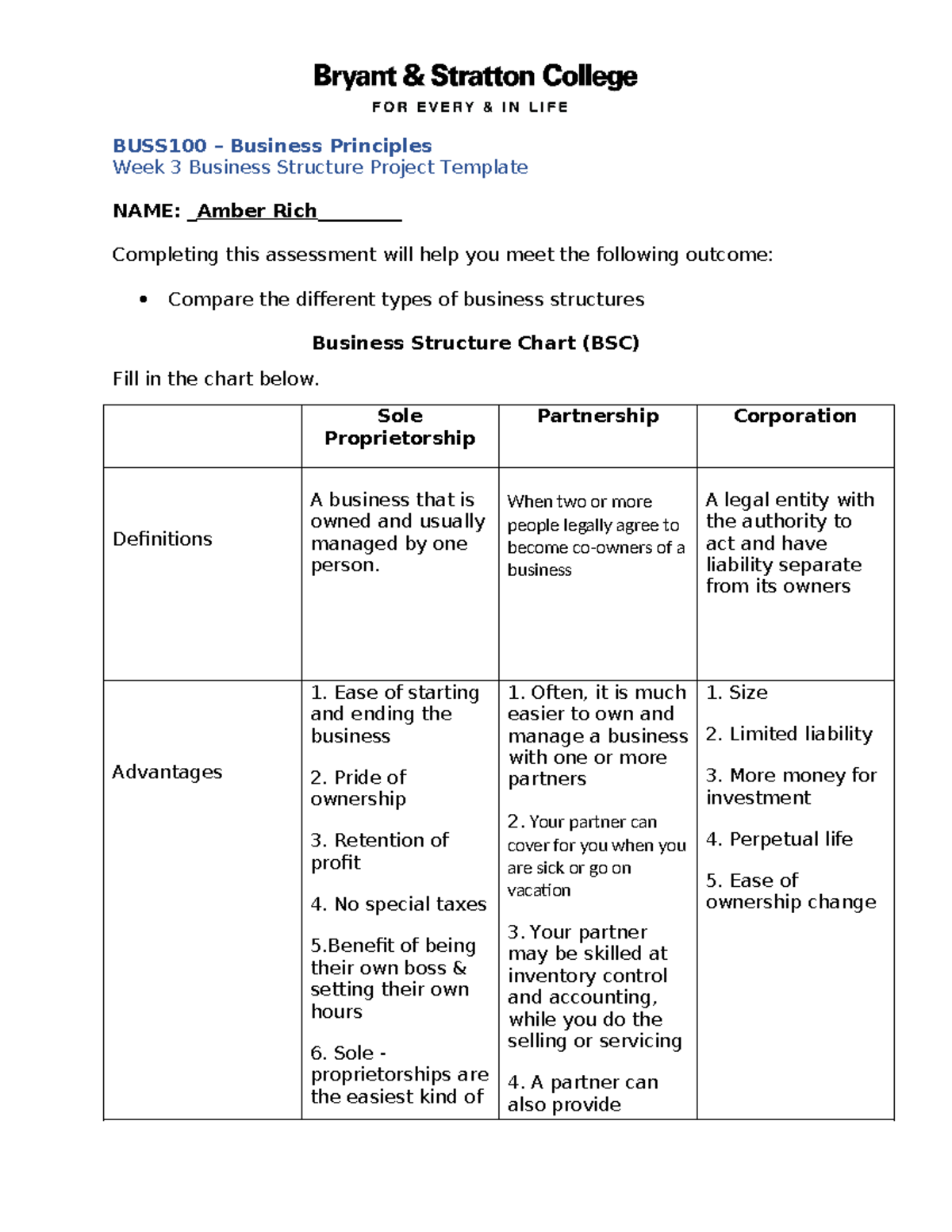business structure project - BUSS100 – Business Principles Week 3 ...