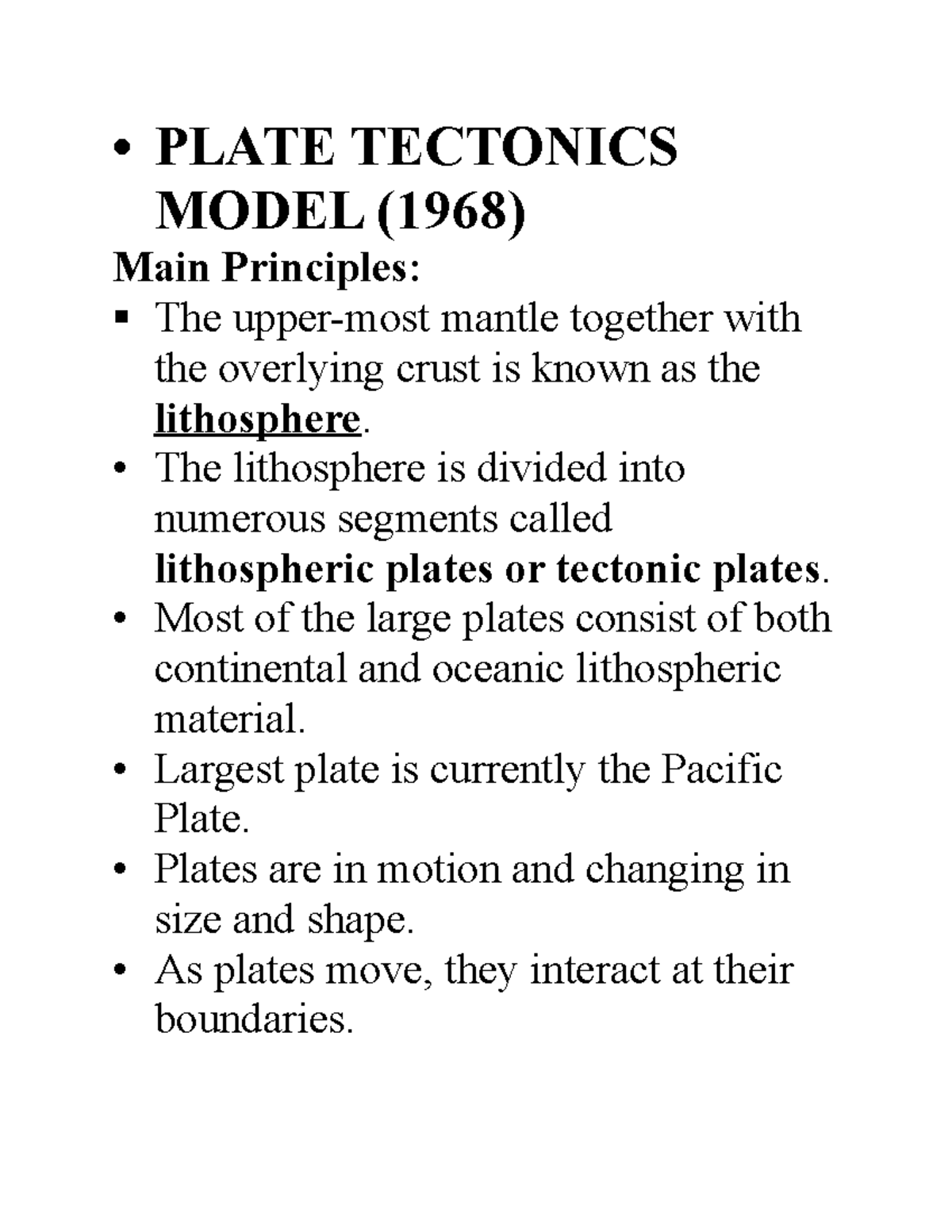 Ch.4(Plate Tectonics) - • PLATE TECTONICS MODEL (1968) Main Principles ...