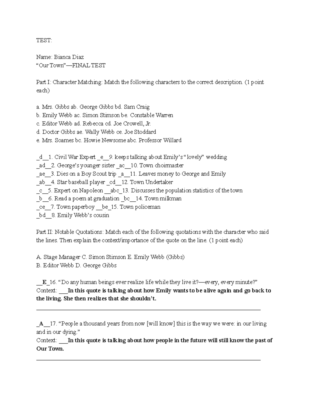 Copy of english test for Our Town - TEST: Name: Bianca Diaz