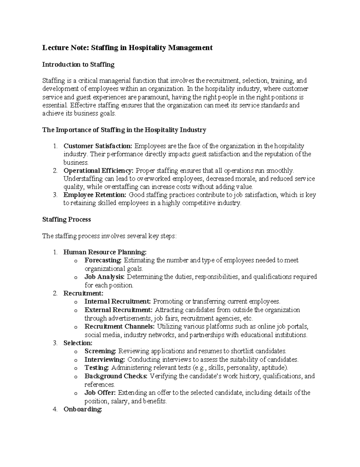 Lecture Note Staffing - In the hospitality industry, where customer ...