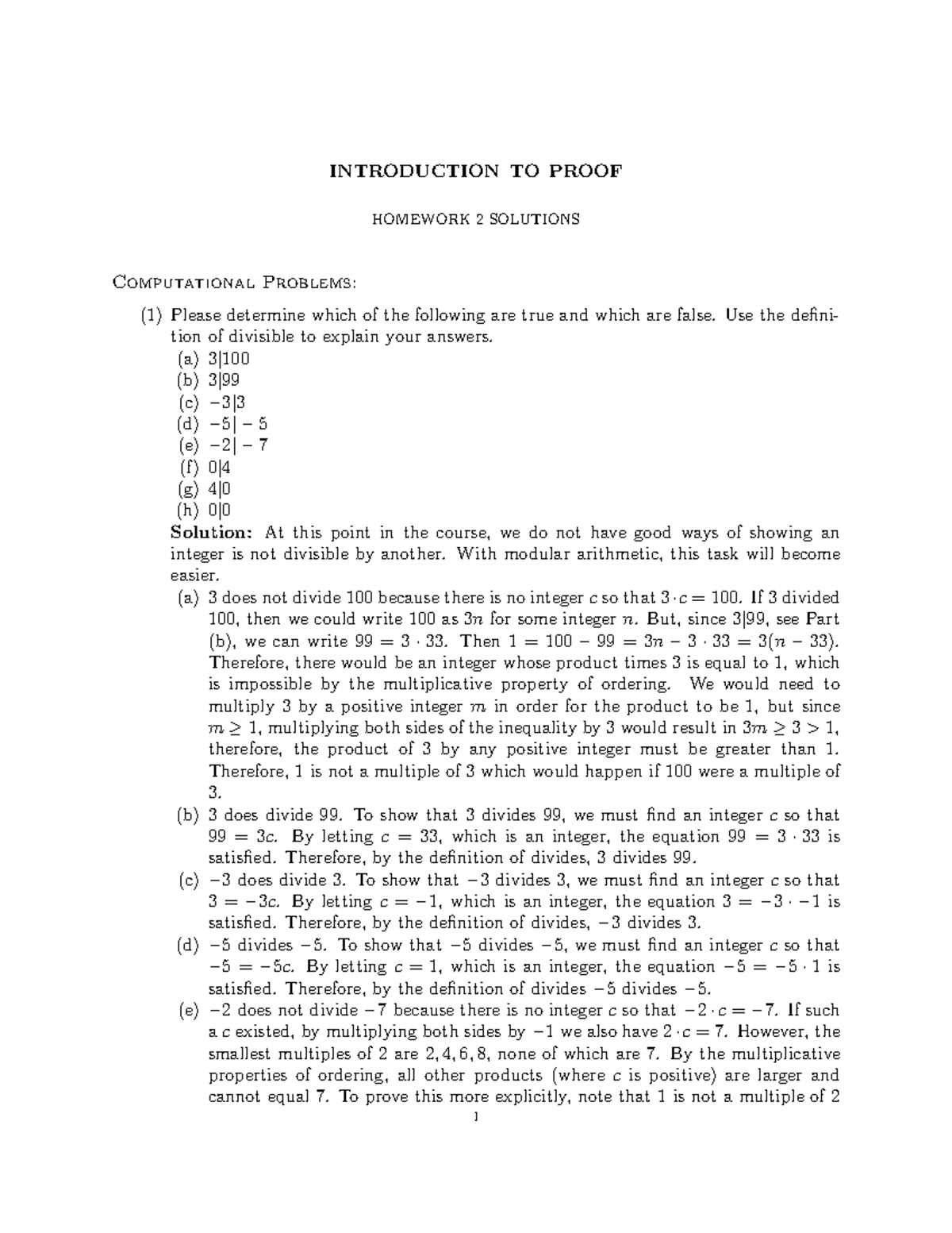 Homework 2 Solutions - INTRODUCTION TO PROOF HOMEWORK 2 SOLUTIONS Computational Problems: (1 ...