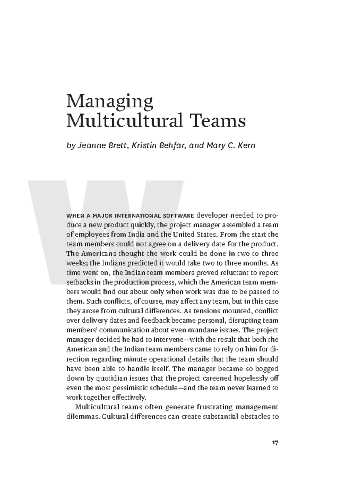 HBR Managing Multicultural Teams - W Managing Multicultural Teams by ...