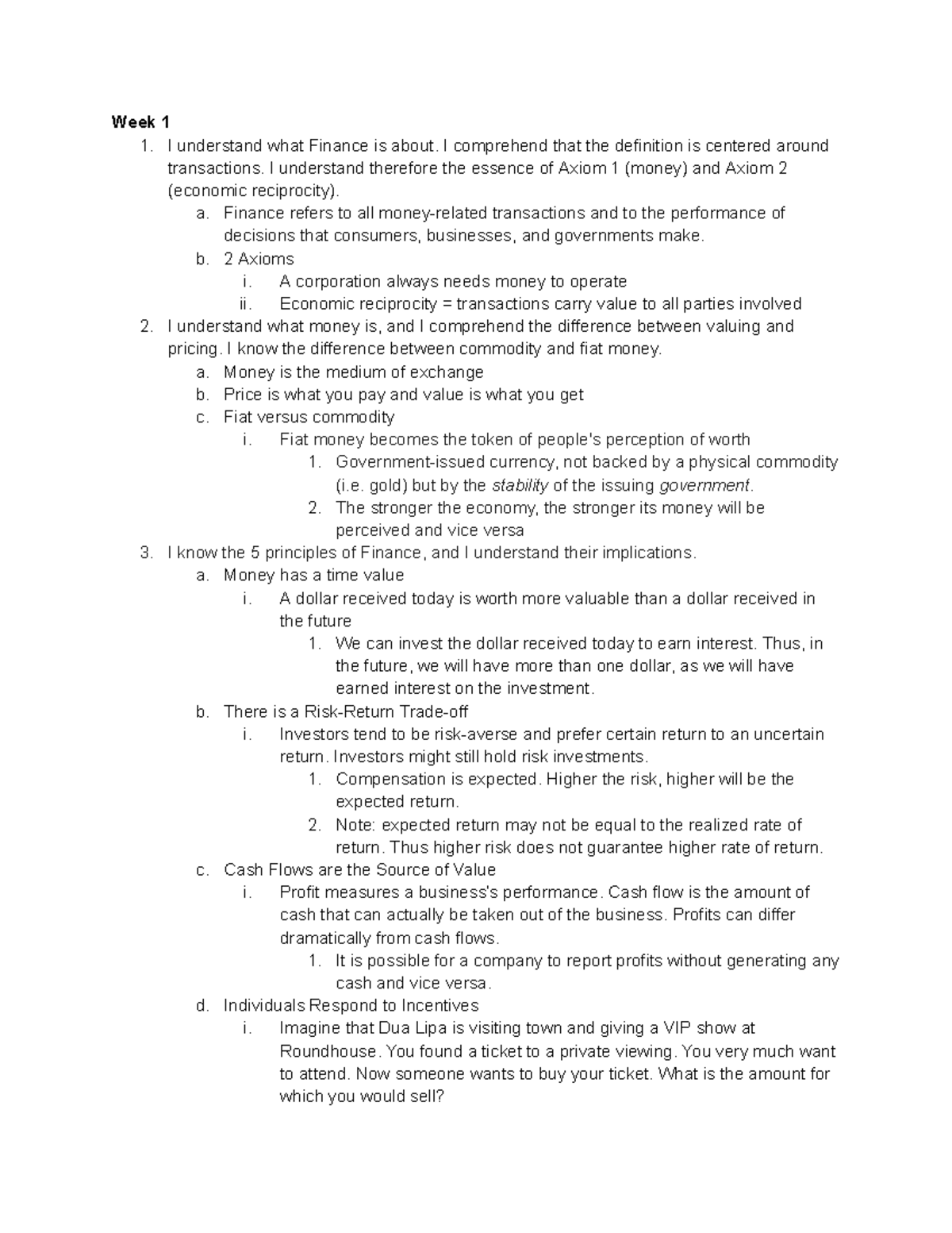 Finance study guide copy - Week 1 1. I understand what Finance is about ...