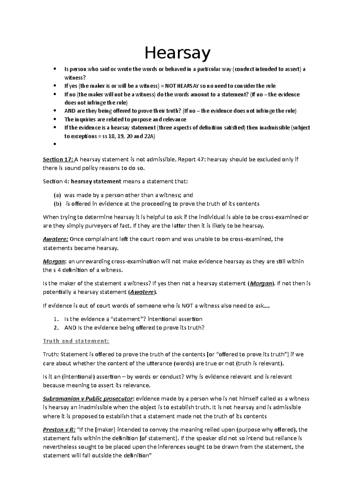 Past Test Notes - Hearsay Is person who said or wrote the words or ...