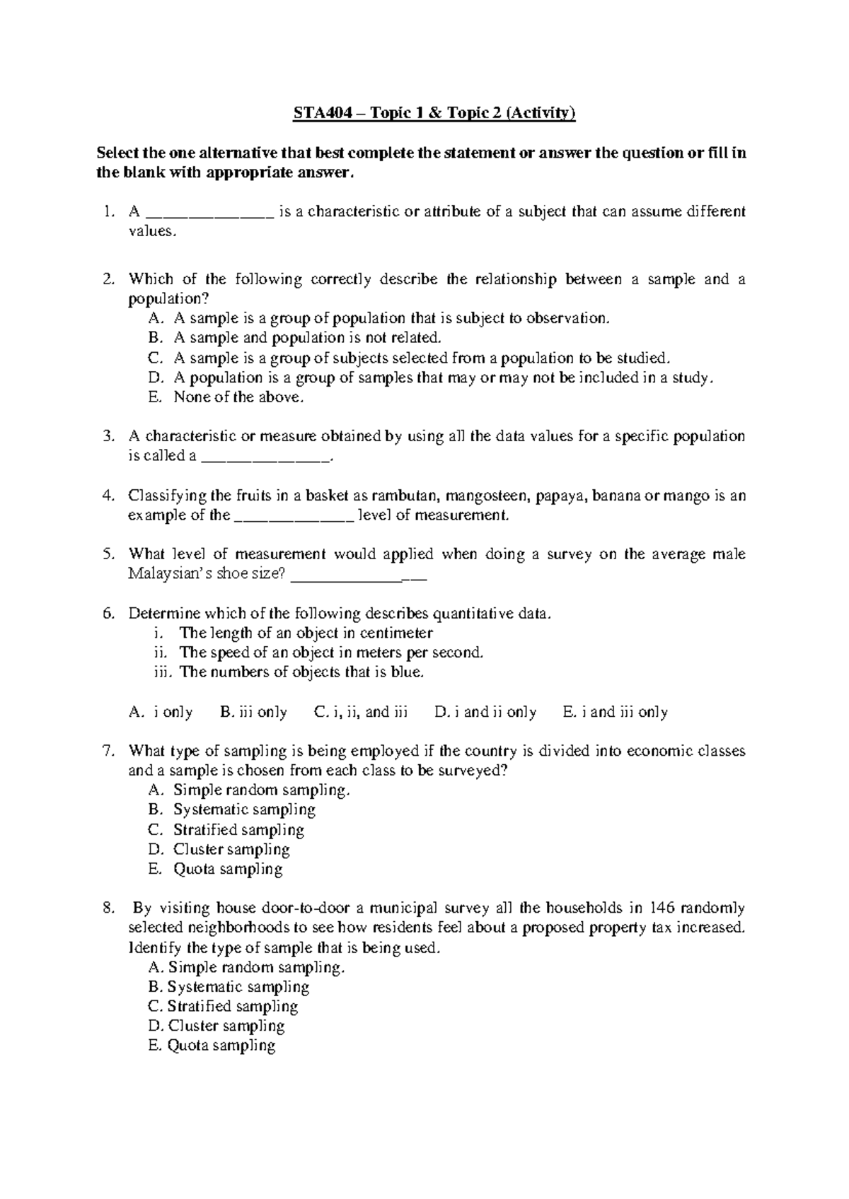 STA404 Recap activities (T1 T2) - STA404 – Topic 1 & Topic 2 (Activity ...