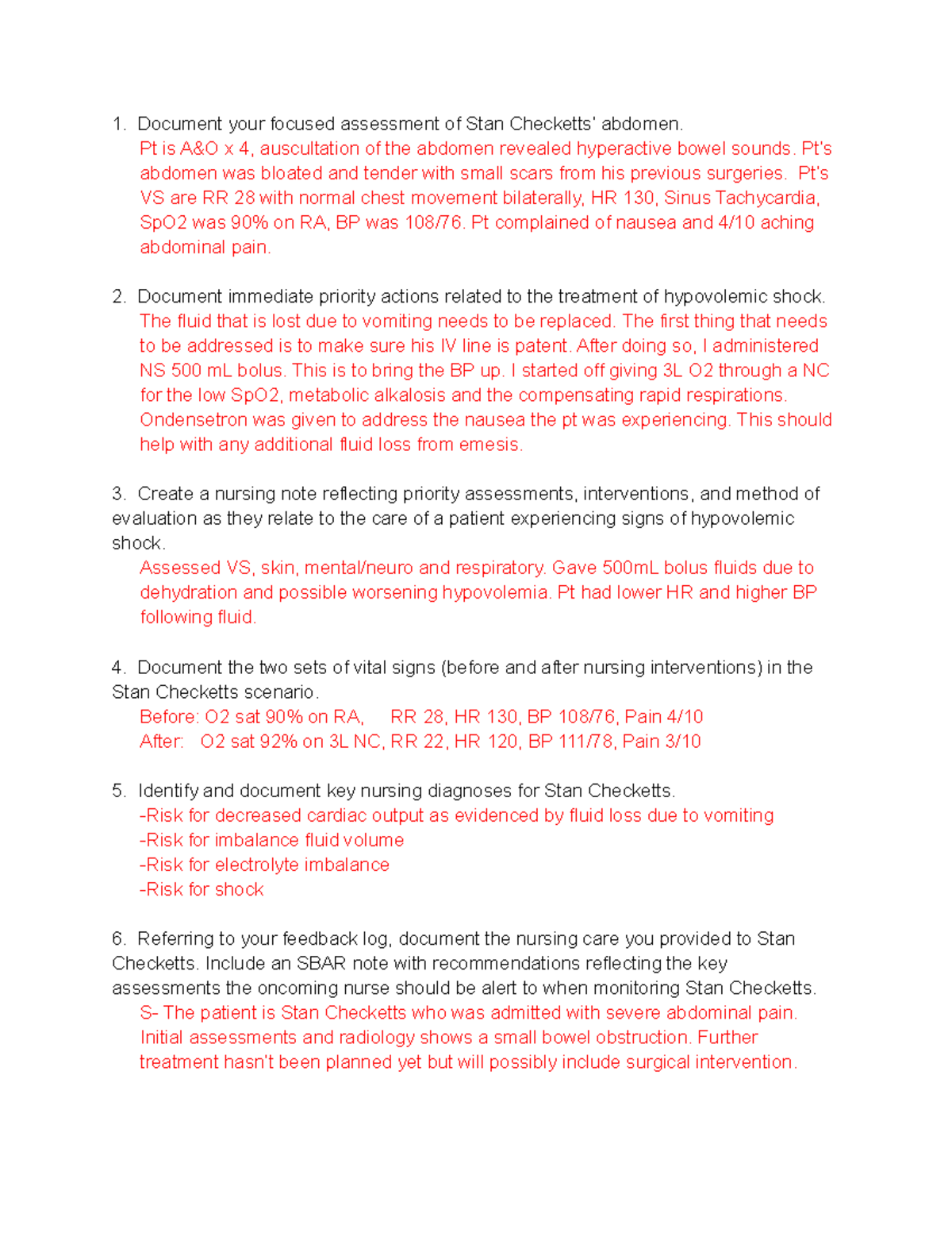 Documentation Stan Checkett - Document your focused assessment of Stan ...