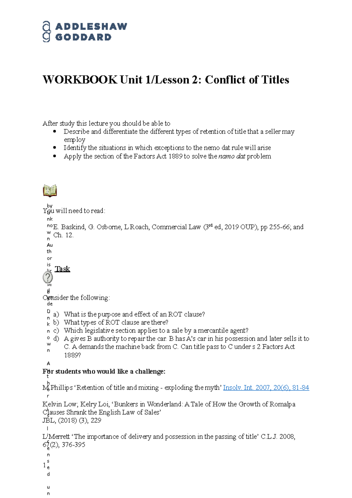 Workbook conflit of titles - WORKBOOK Unit 1/Lesson 2: Conflict of ...