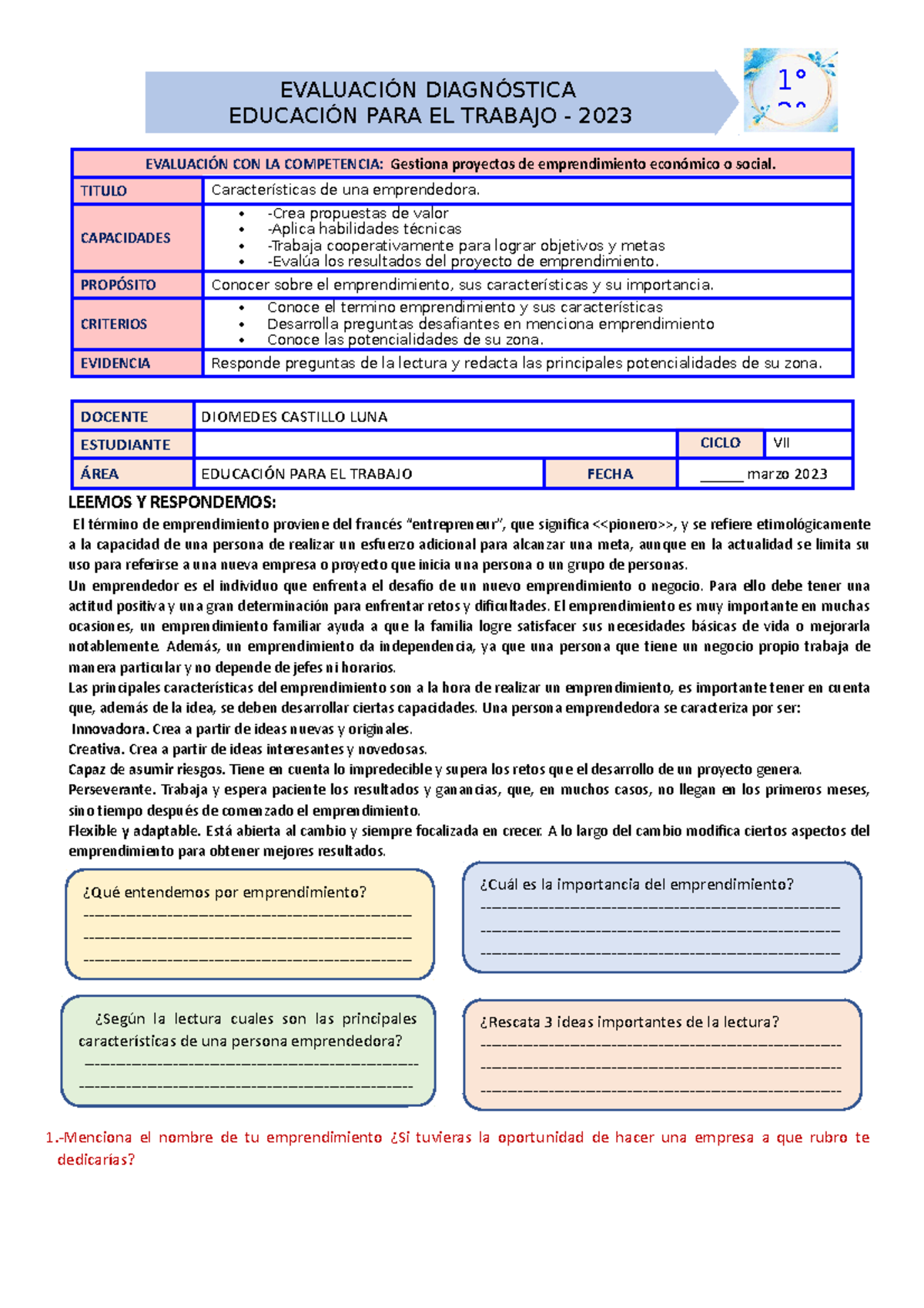 EPT 1° 2° - Evaluación Diagnóstica 2023 - EVALUACIÓN CON LA COMPETENCIA: Gestiona proyectos de ...