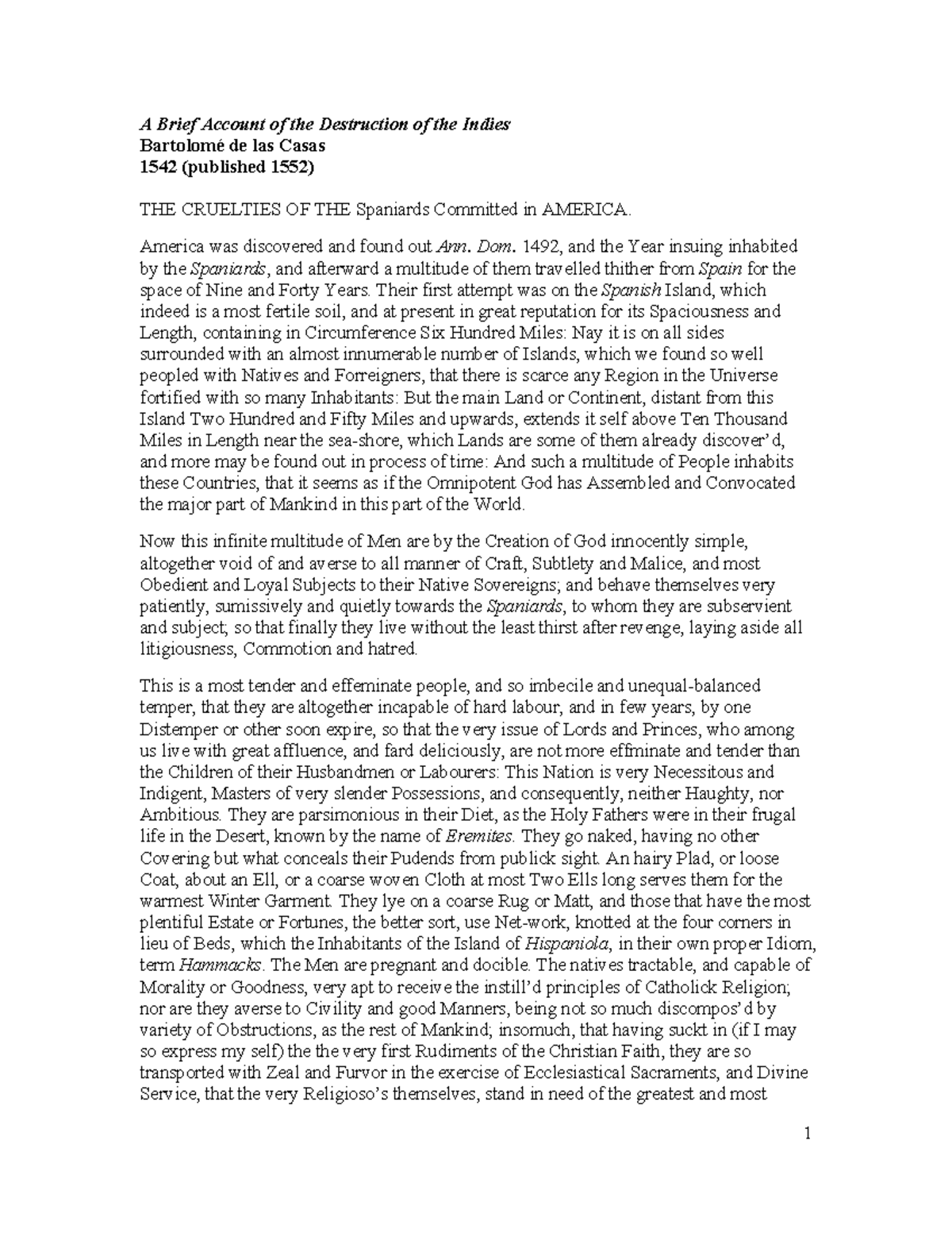 1542 1552 Las Casas - Destruction of Indies - A Brief Account of the ...